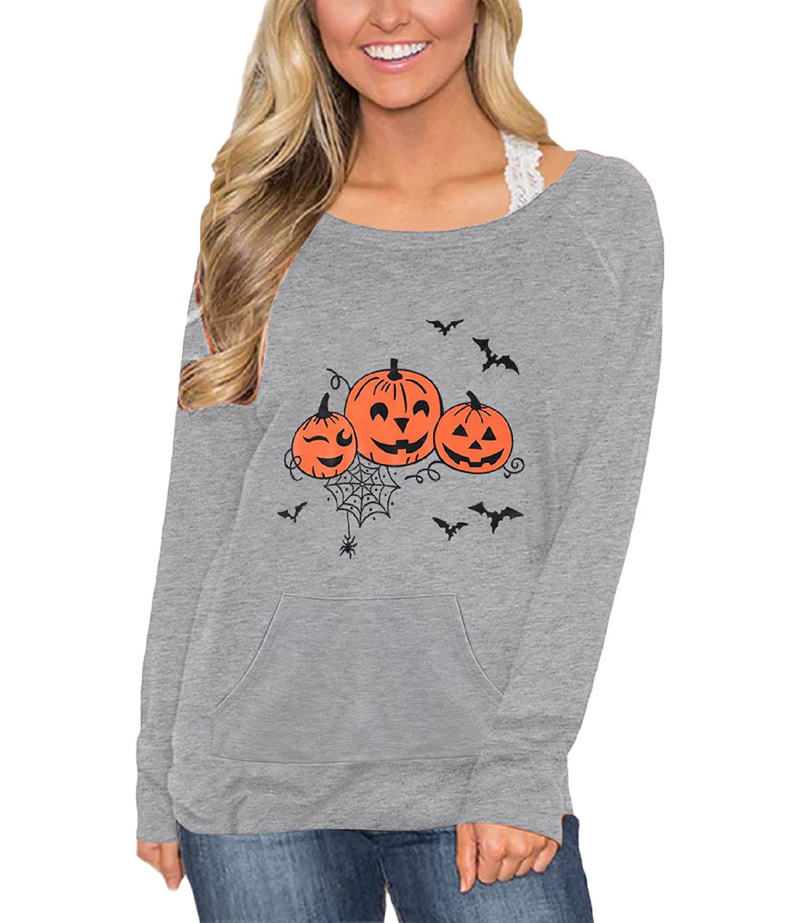 FLOYU Pumpkin Face Sweatshirt Women Halloween Off The Shoulder Tops Fall Pumpkin Pullover Halloween Long Sleeve Clothes