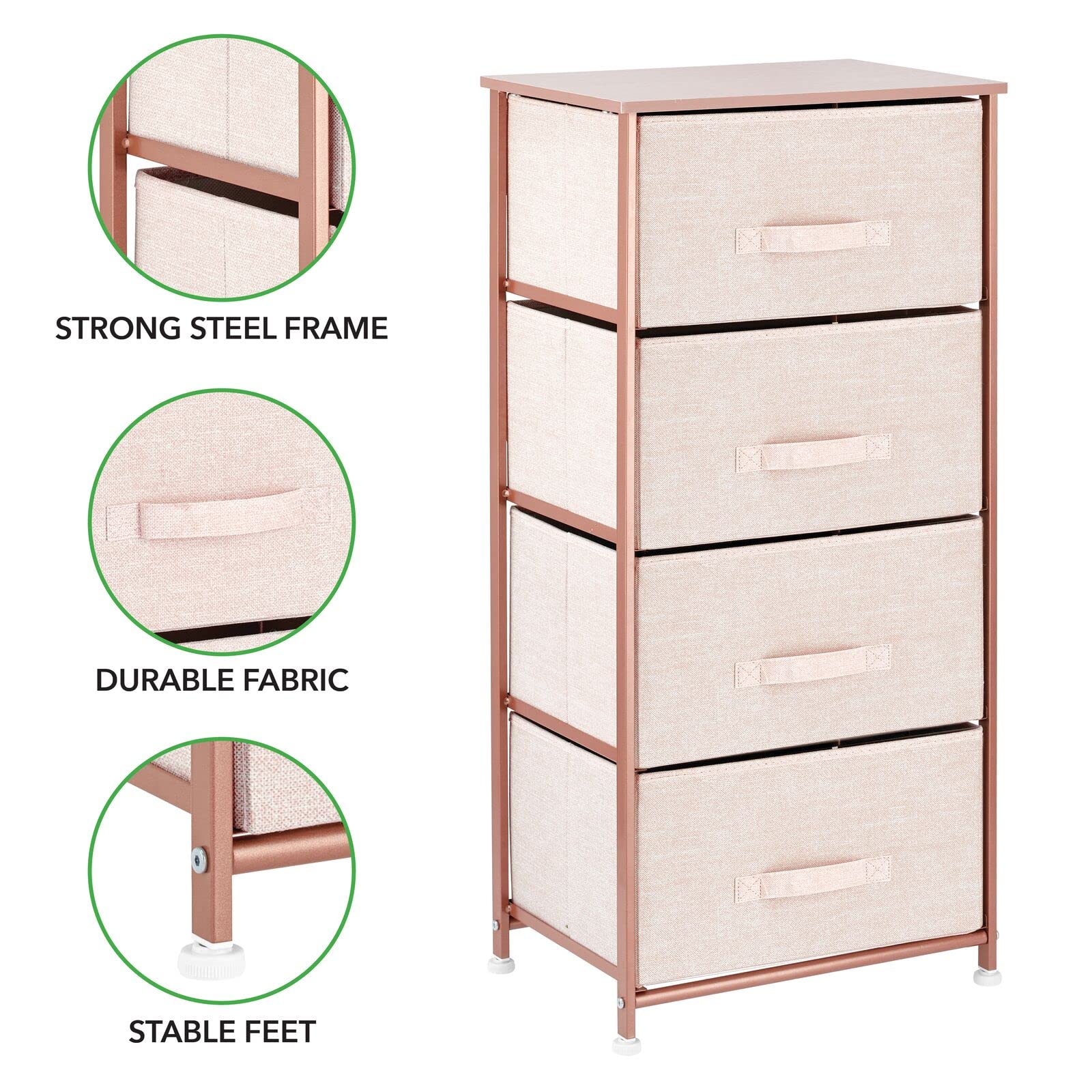 mDesign Tall Dresser Storage Tower Stand with 4 Removable Fabric Drawers - Steel Frame, Wood Top Organizer for Bedroom, Entryway, Closet - Lido Collection - Light Pink/Rose Gold