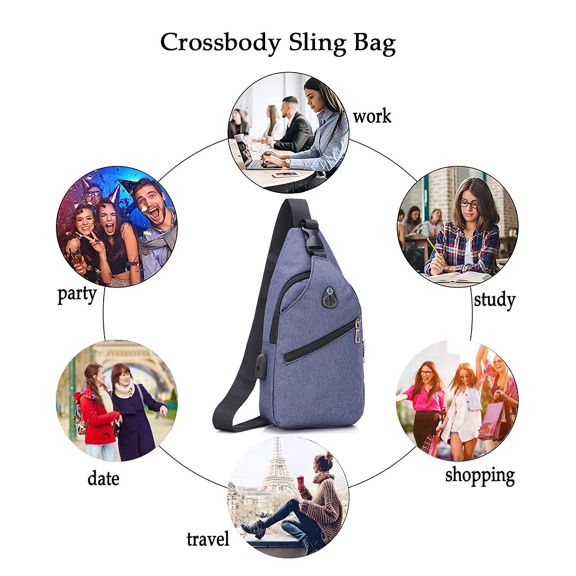 Crossbody Sling Backpack Sling Bag with USB Cable Travel Hiking Chest Bag Daypack for Women Men