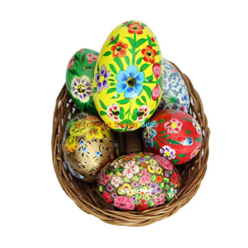 Crossing Seven Seas 3" Set of 5 Hand Painted Easter Eggs & one 4" Paper Mache Ukrainian Garden Flowers Home décor - Total 6 Eggs.