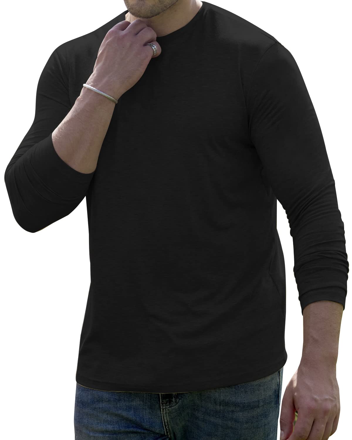 Fashion Mens Long Sleeve Athletic T Shirts Cotton Crew Neck Undershirt Workout Running Gym Top Black
