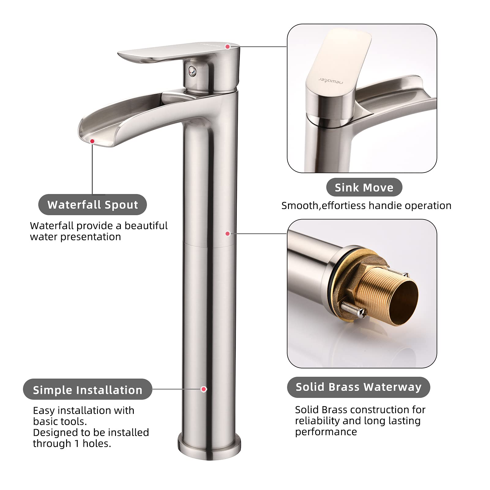 NEWATER Waterfall Spout Tall Vessel Bathroom Sink Faucet,Basin Mixer Tap Single Handle One Hole Brushed Nickel