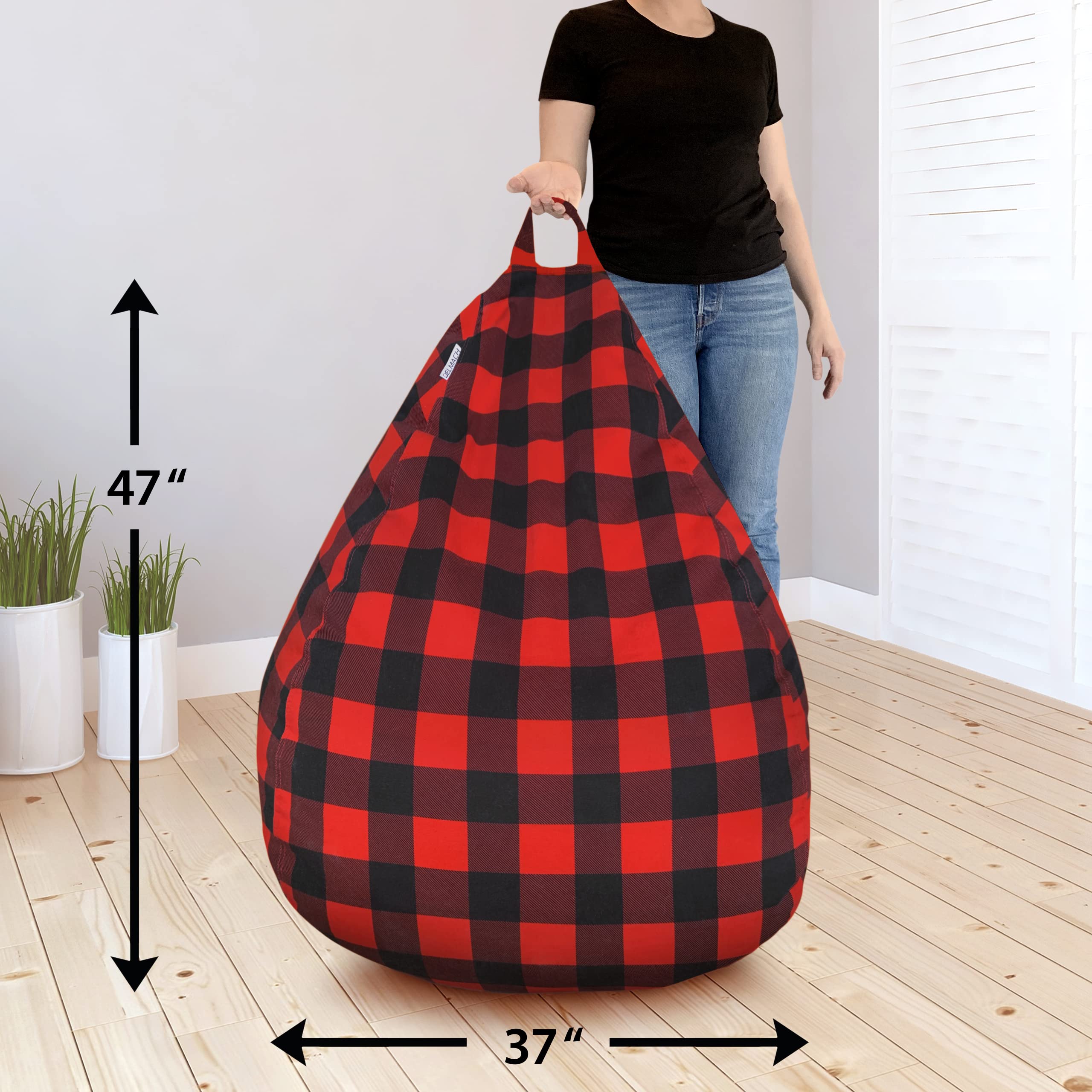 Delmach Bean Bag Cover | Comfortable Adult Size | Stuffed Animal Storage | Cozy Chair | Cotton Canvas | Buffalo Check Plaid | No Filler