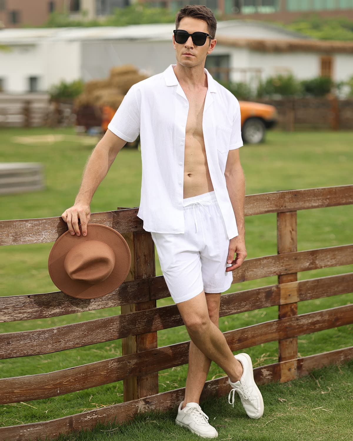 EndoraDore Men 2 Piece Linen Set Button Down Short Sleeve Shirt Summer Beach Shorts Holiday Top and Shorts Set White