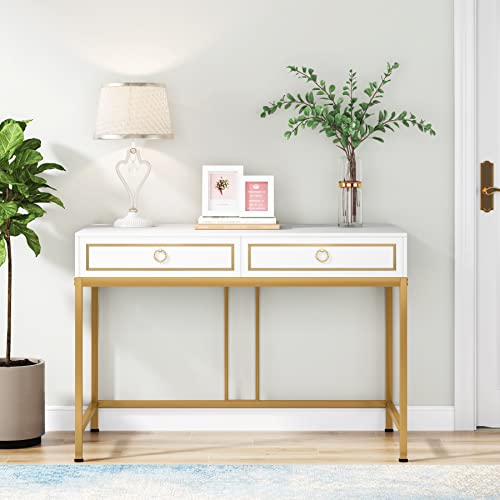 LITTLE TREE Drawers Computer Desk, 43.31β W x 21.65β D x 31.5βH, White and Gold