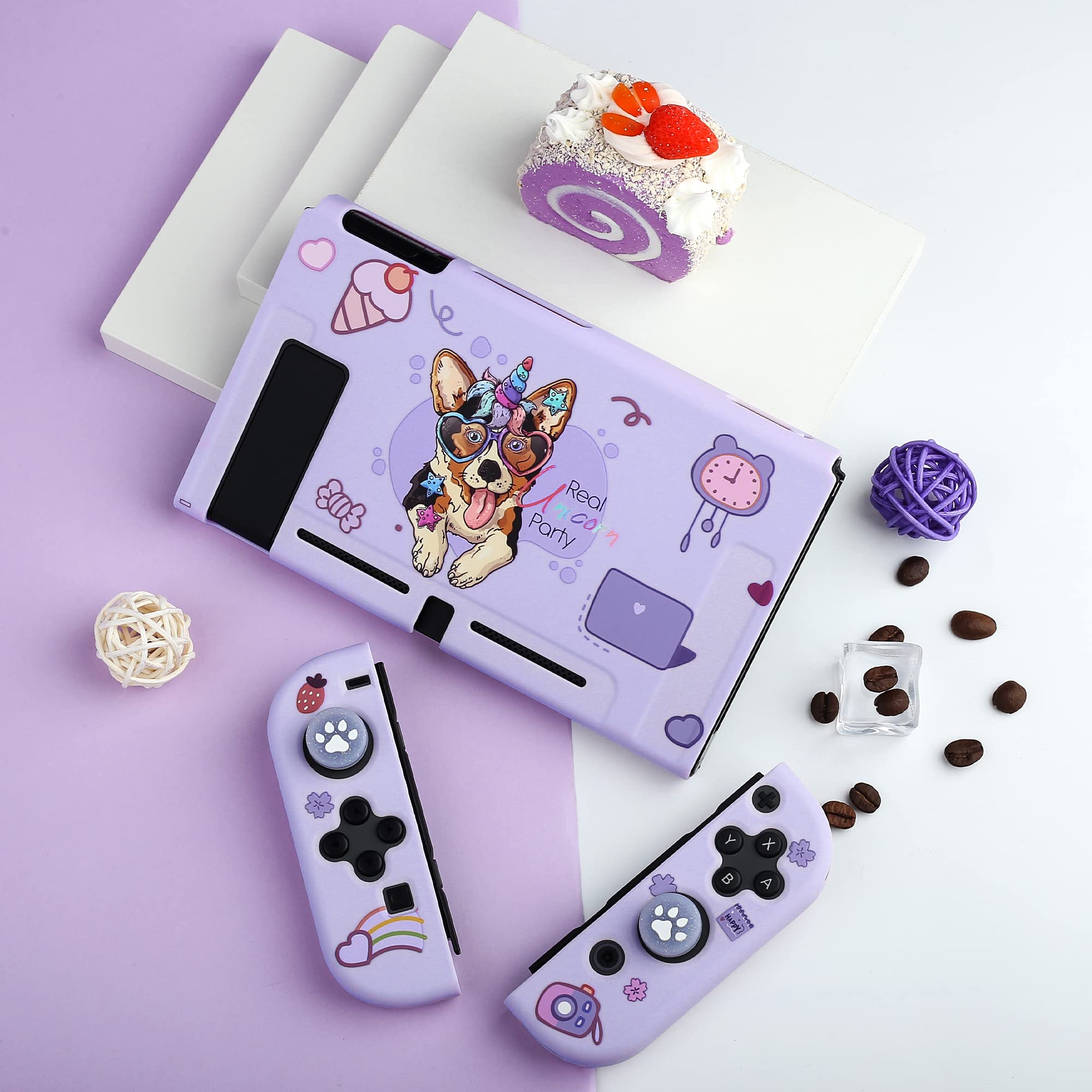 FANPL Cute Protective Case for Nintendo Switch, Hard PC Case Cover Compatible with Switch Console and Joy Con, 2 Purple Glitter Paw Thumb Caps - Purple Corgi Dog Pattern