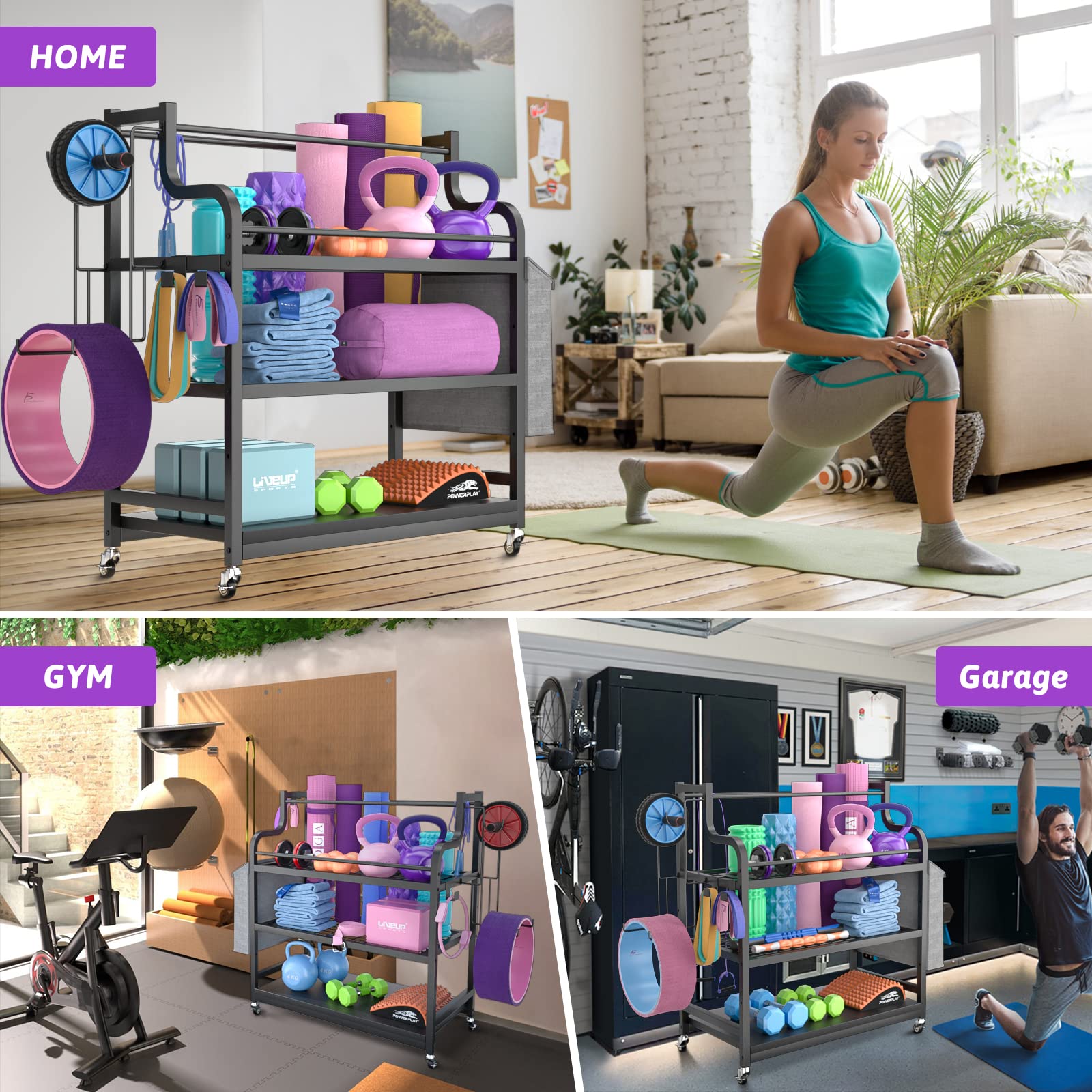 Cyclysio Yoga Mat Storage Racks, Home Gym Storage Rack Workout Equipment Organizer for Dumbbells Kettlebells Foam Roller Resistance Bands with Wheels and Hooks, Dumbbell Storage Rack, Black+Black