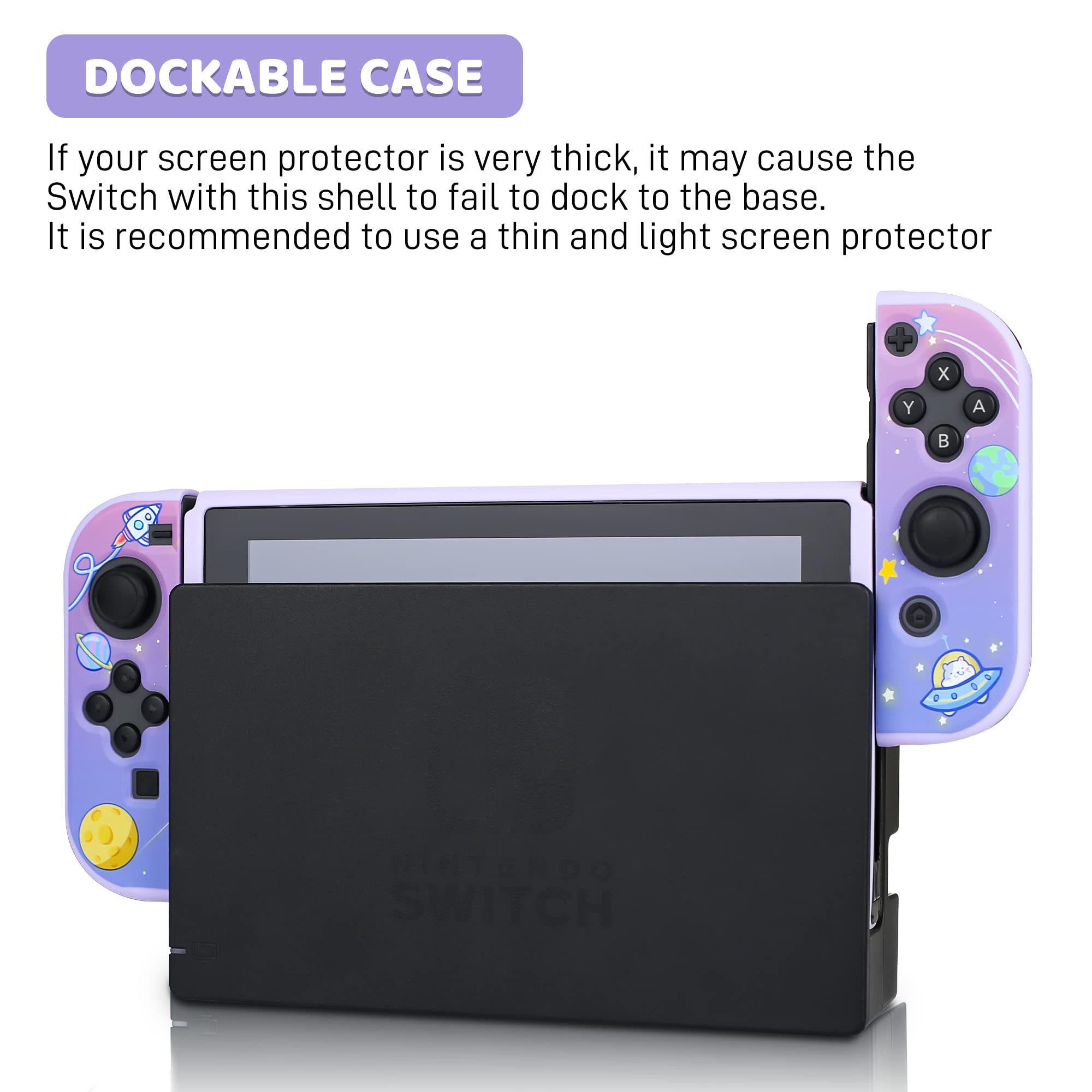 FANPL Purple Case for Nintendo Switch, Soft TPU Protective Case Compatible with Switch Console and Joy Con Controller, Cute Dockable Shell, Kawaii Switch Skin Accessories - Universe Cat & Dog Pattern