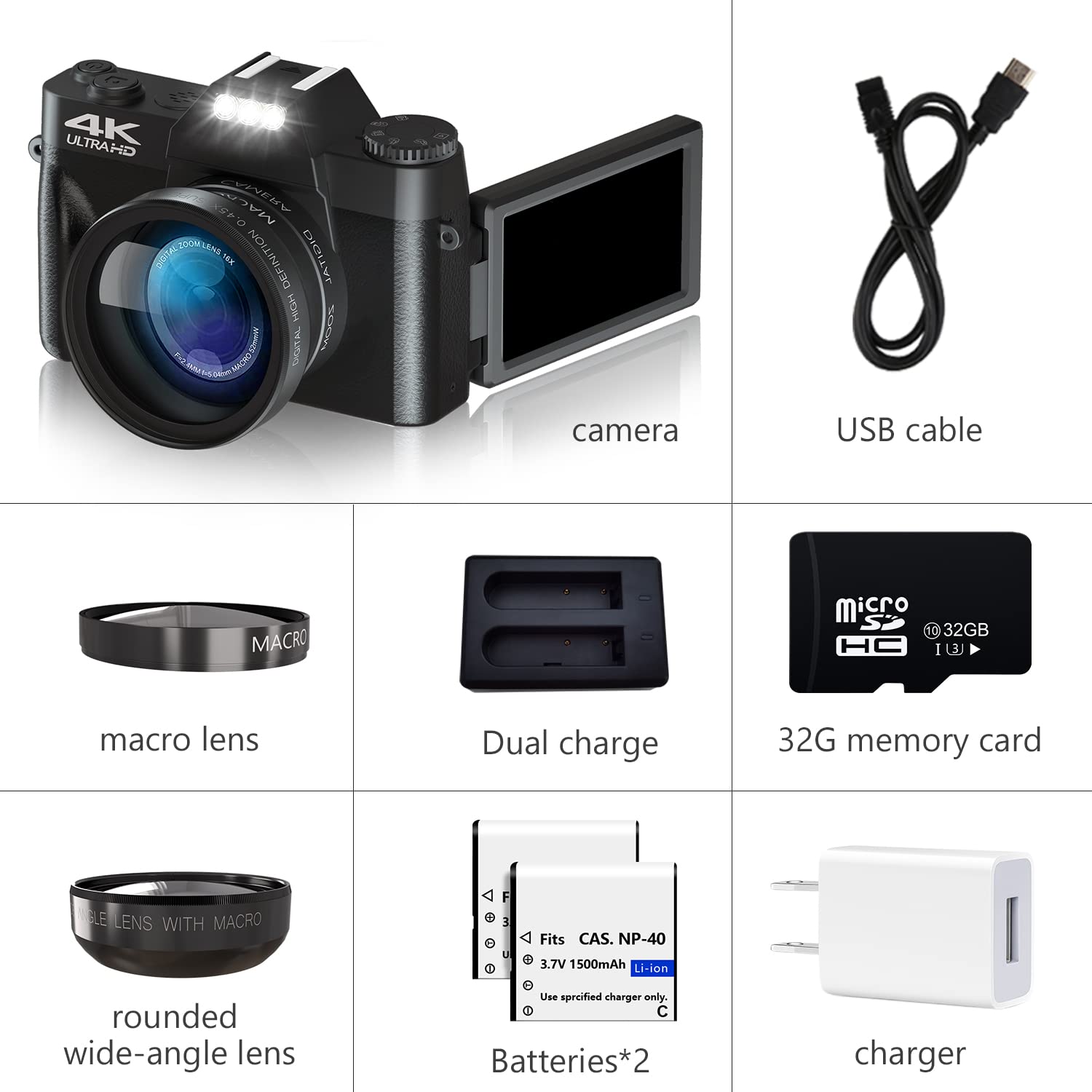Digital Camera for Photography 4K 48MP VJIANGER Vlogging Camera for YouTube with 3.0ββ 180Β° Flip Screen, 16X Digital Zoom, 52MM Wide Angle Lens & Macro Lens, 2 Batteries, 32GB Micro SD Card(W01 B4)