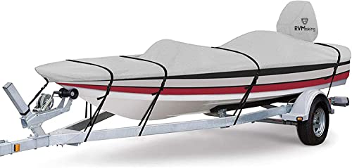 RVMasking 800D 100% Waterproof Boat Cover for V-Hull Runabouts and Bass Boats (16'-18.5'L by up to 98" W, Gray)