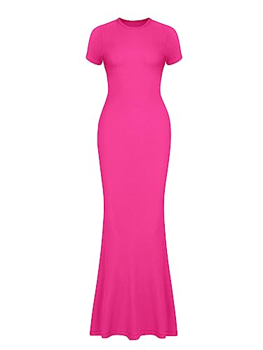 REORIA Women's Summer Sexy Casual Lounge Long Dress Elegant Wedding Guest Short Sleeve Crew Neck Bodycon Maxi Dresses Rose Red Medium