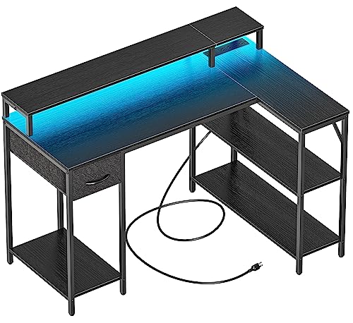 SUPERJARE L Shaped Gaming Desk with LED Lights & Power Outlets Reversible Computer Desk and Nightstands Set of 2 with Charging Station & LED Light Strips, Black