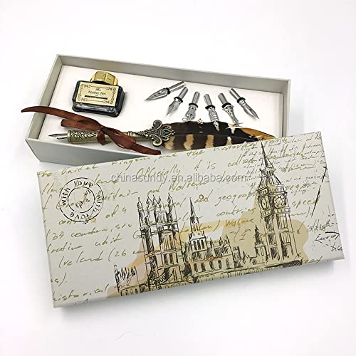 Feather Quill Pen Set Dip pen with ink and 6pcs Stainless Steel Nibs Calligraphy Pen for beginners in Gift Box