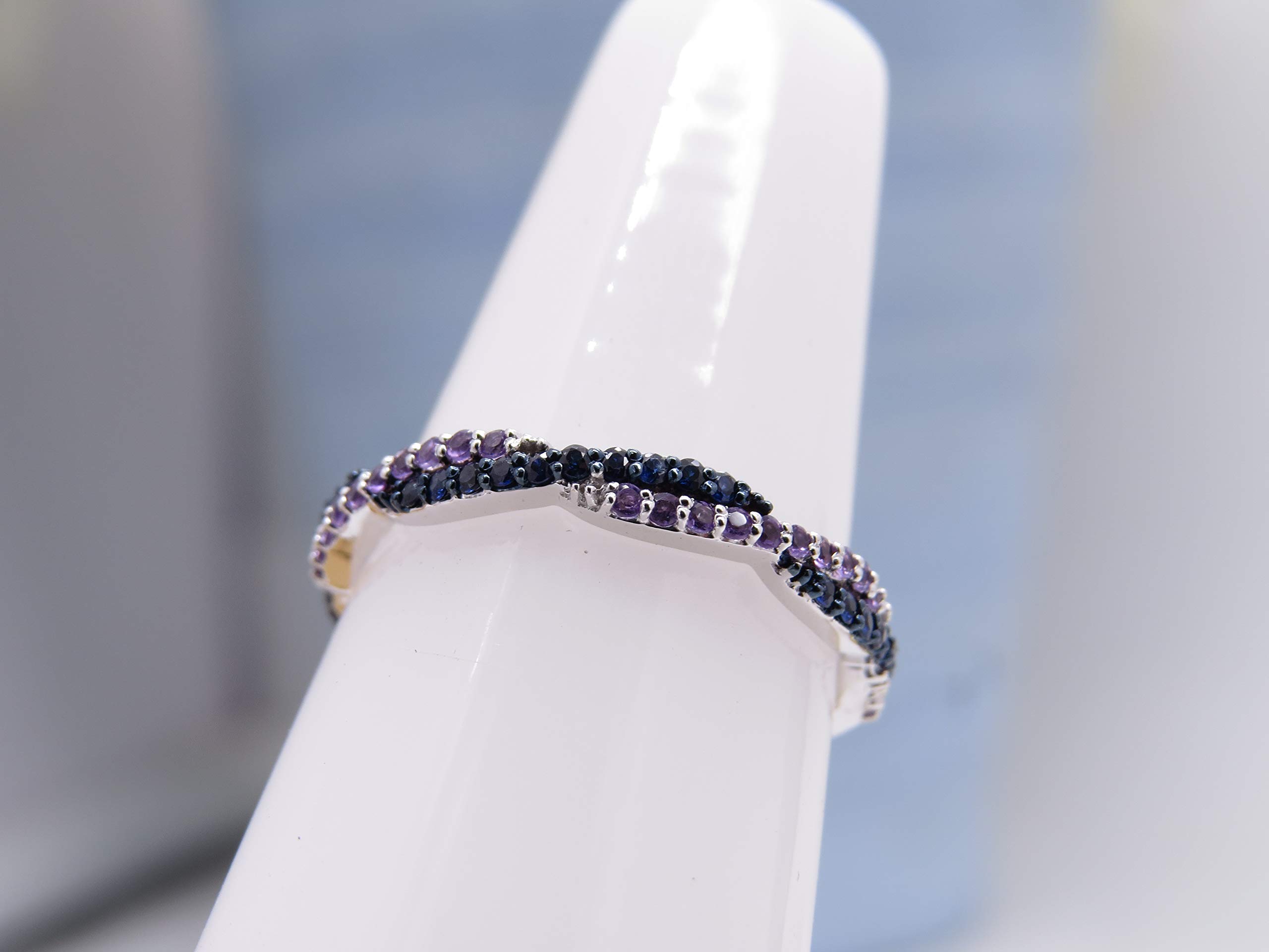 Dazzlingrock Collection 10K Round Amethyst & Blue Sapphire Ladies Wedding Swirl Stackable Band, White Gold, Size 6