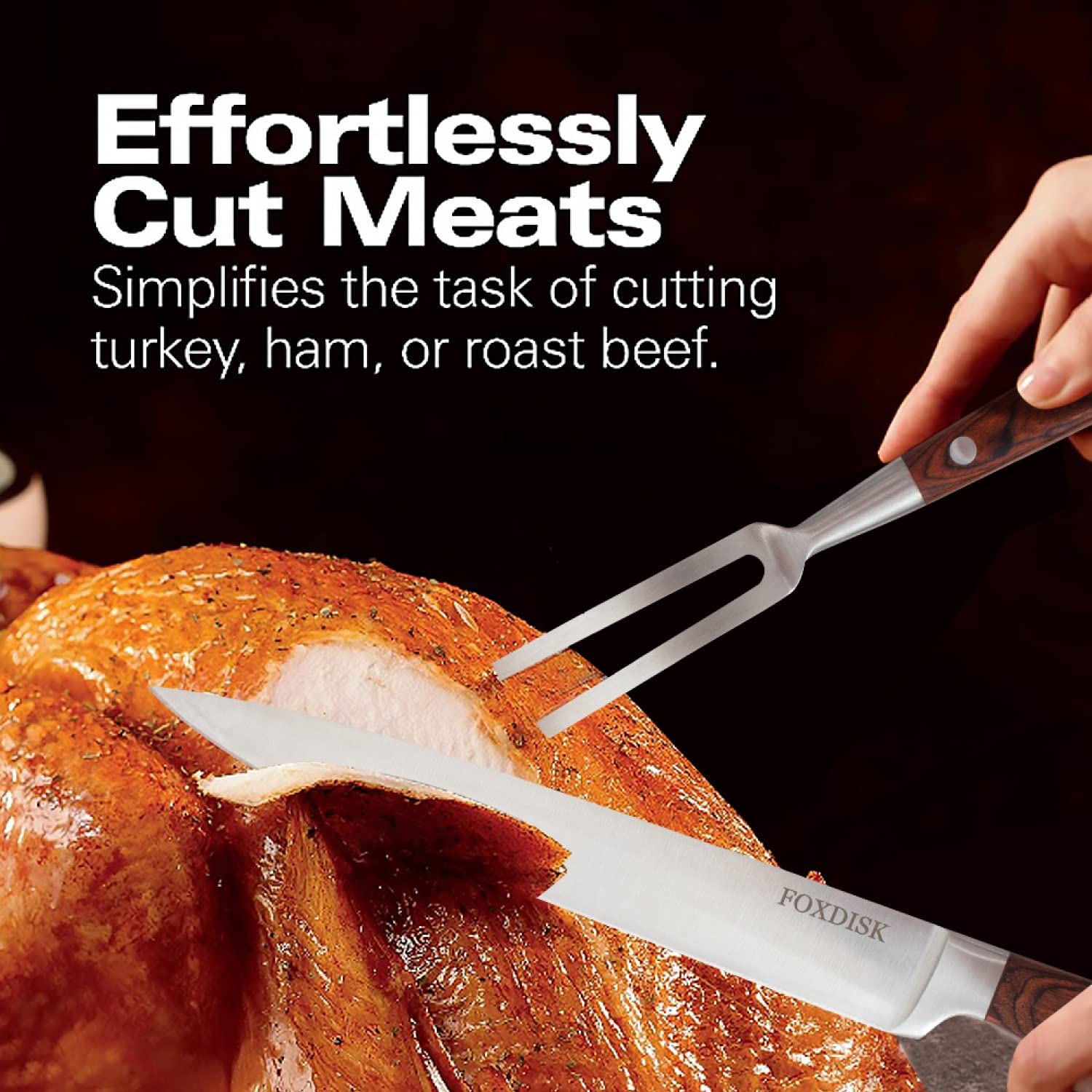 FOXDISK 2 Piece Carving Knife and Fork Set, Carving Set for Barbecue, Cutting Meat and Turkey, Stainless Steel Camping Cooking BBQ Cutter Carving Fork with Gift Box - Wooden Handle