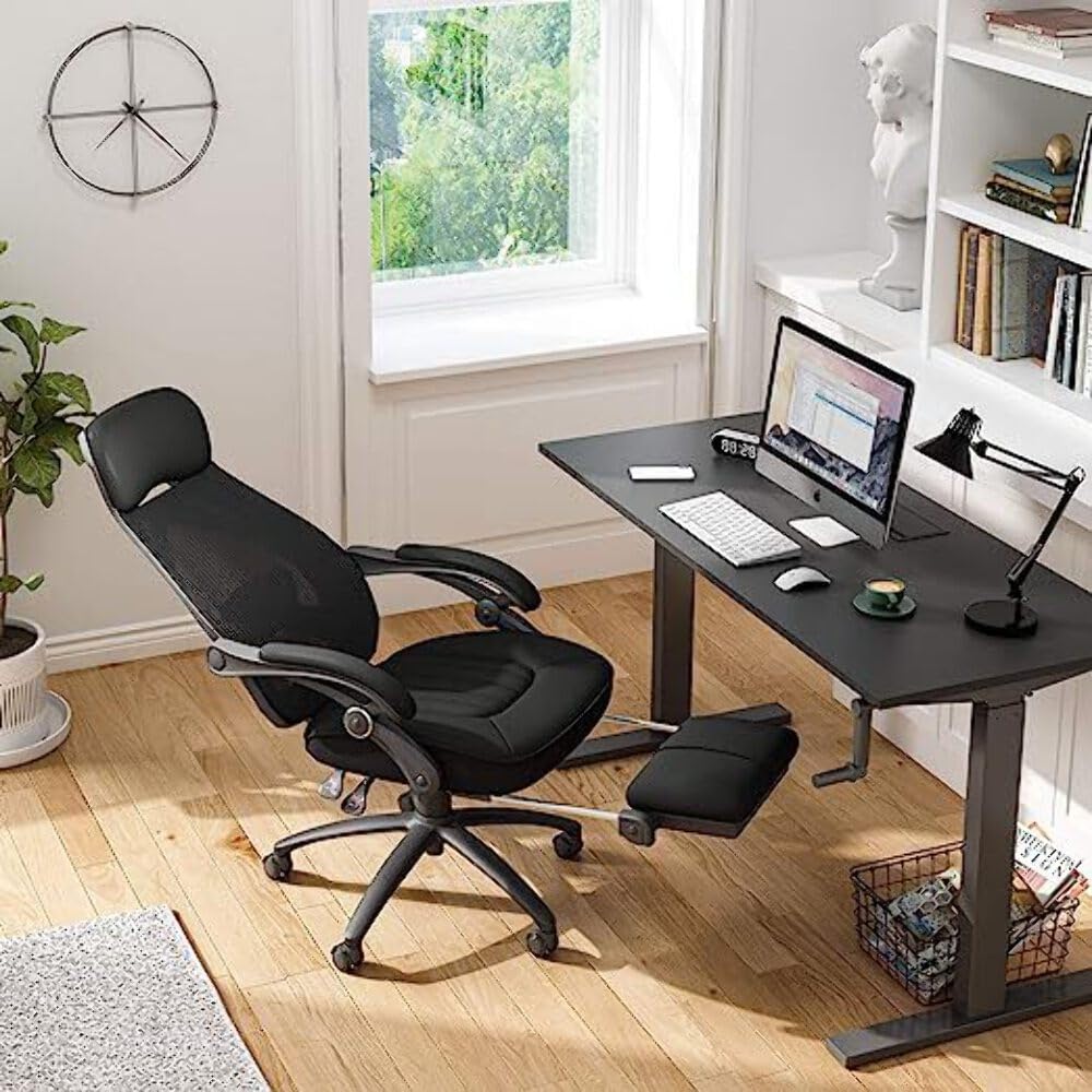 DEVAISE Ergonomics Recliner Office Chair, High Back Mesh Computer Desk Chair with Adjustable Lumbar and Footrest Support, Black
