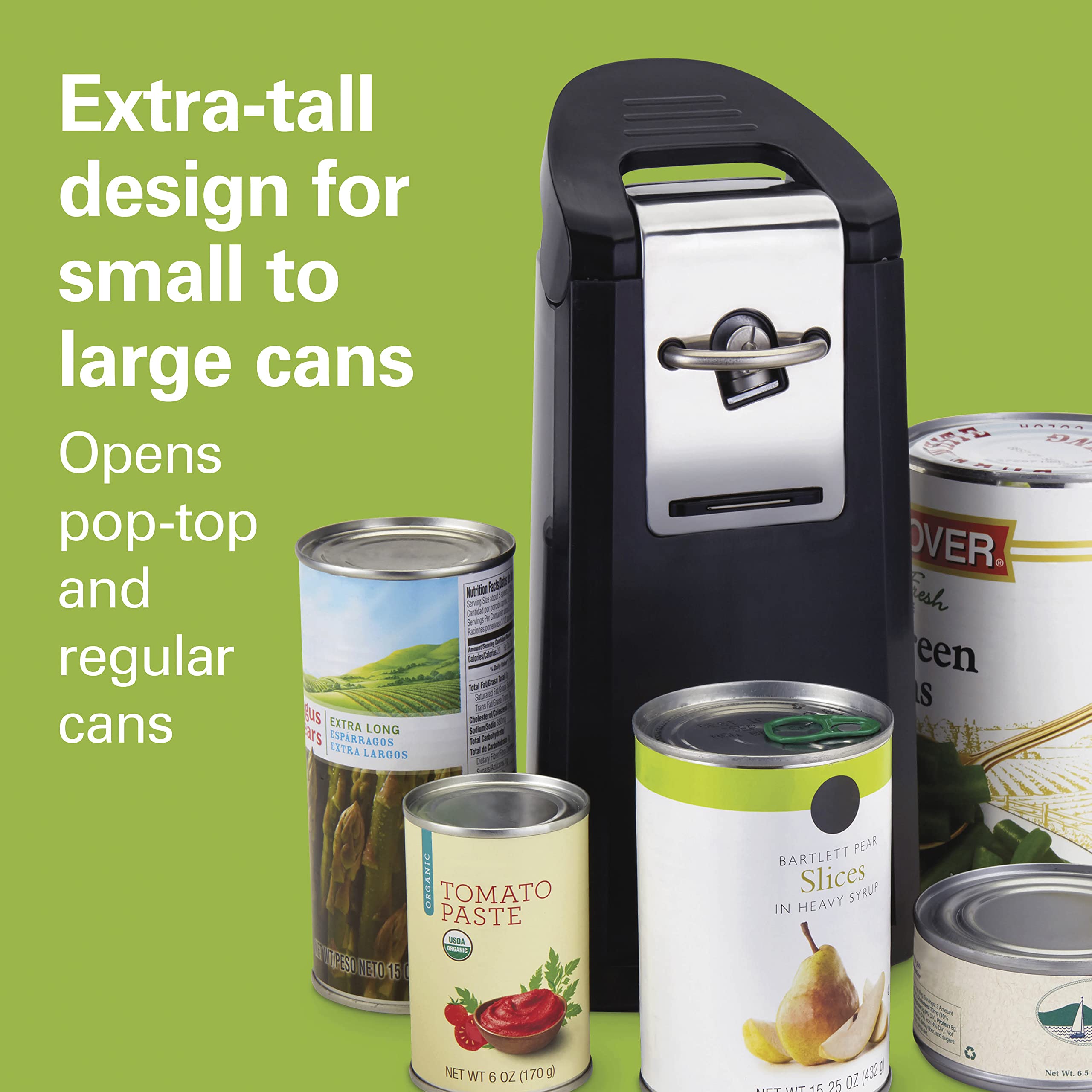 Hamilton Beach Smooth Touch Electric Automatic Can Opener Easy Push Down Lever, For All Standard-Size and Pop-Top, Extra Tall, With Bottle Opening Accessory and Built-In Knife Sharpener, Black