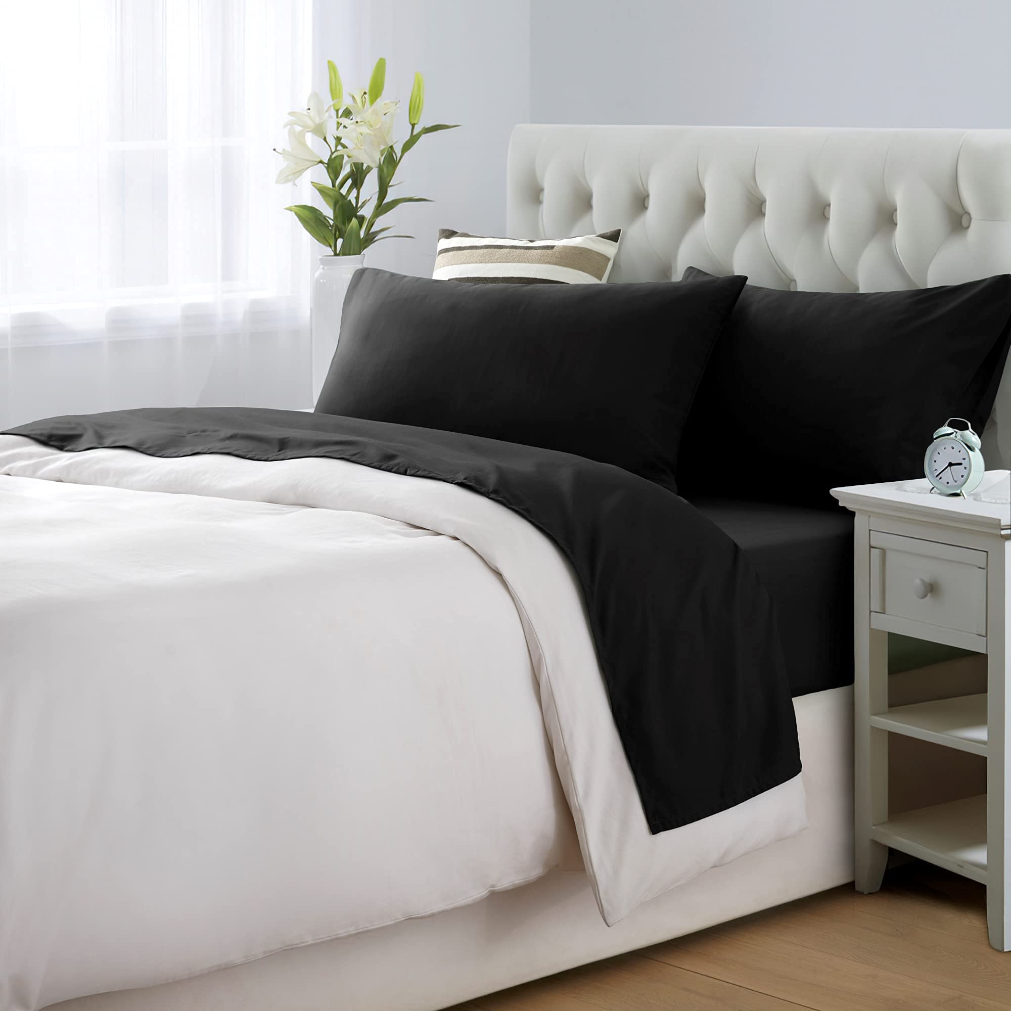 Entisn 4pcs Brushed Microfiber Sheet King Size Sets, 1800 Thread Count Ultra-Soft Egyptian Quality Bed Sheets, Black Luxury Bedding Sheets with 16" Deep Pockets, Breathable & Cozy & Anti-Wrinkle