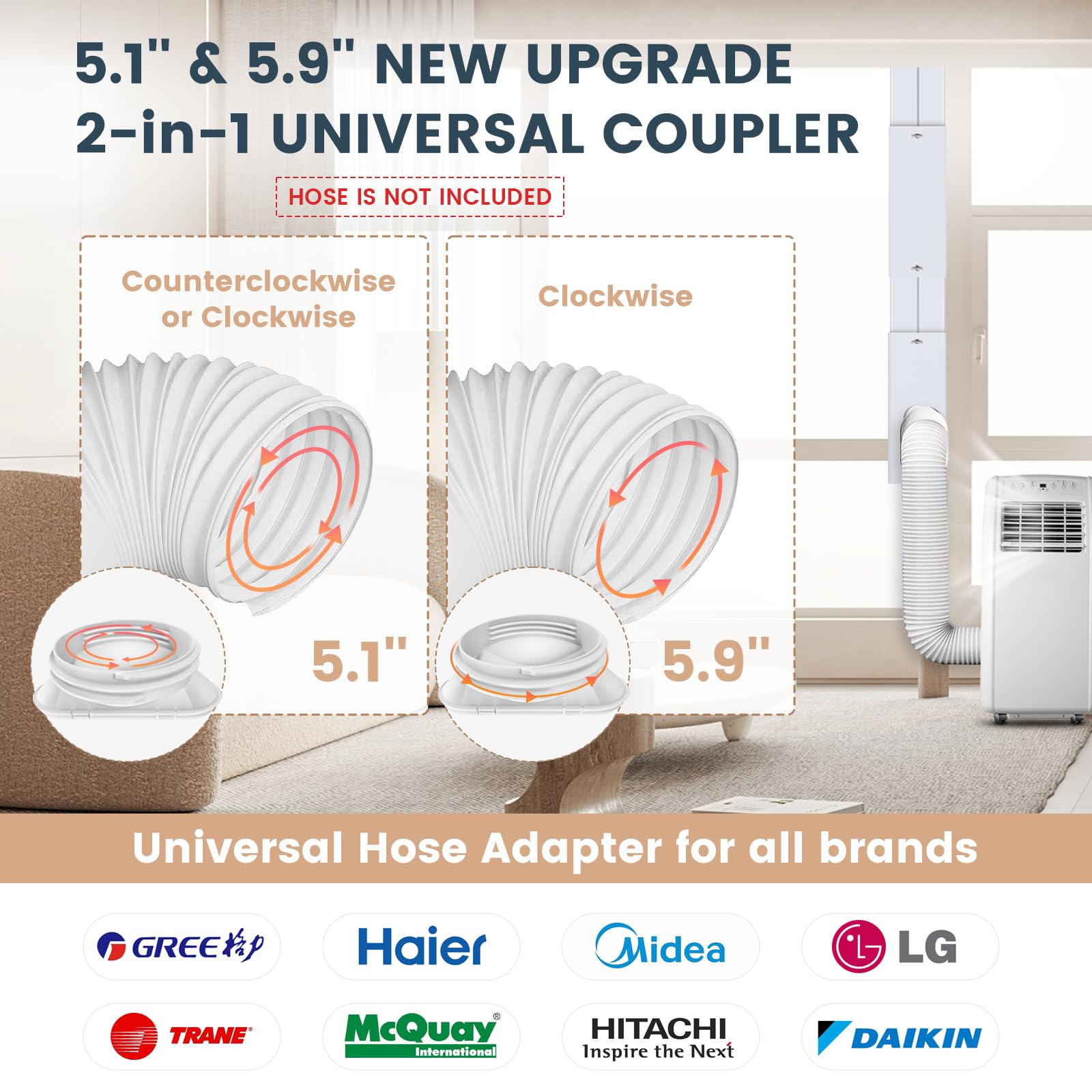 HIMONI Portable AC Sliding Door Vent Kit with Universal 2-in-1 Coupler for Exhaust Hose 5.1""/5.9"" Diameter, Adjustable Length 17-95"" Seal Plates Included, White, KIT-95-NH