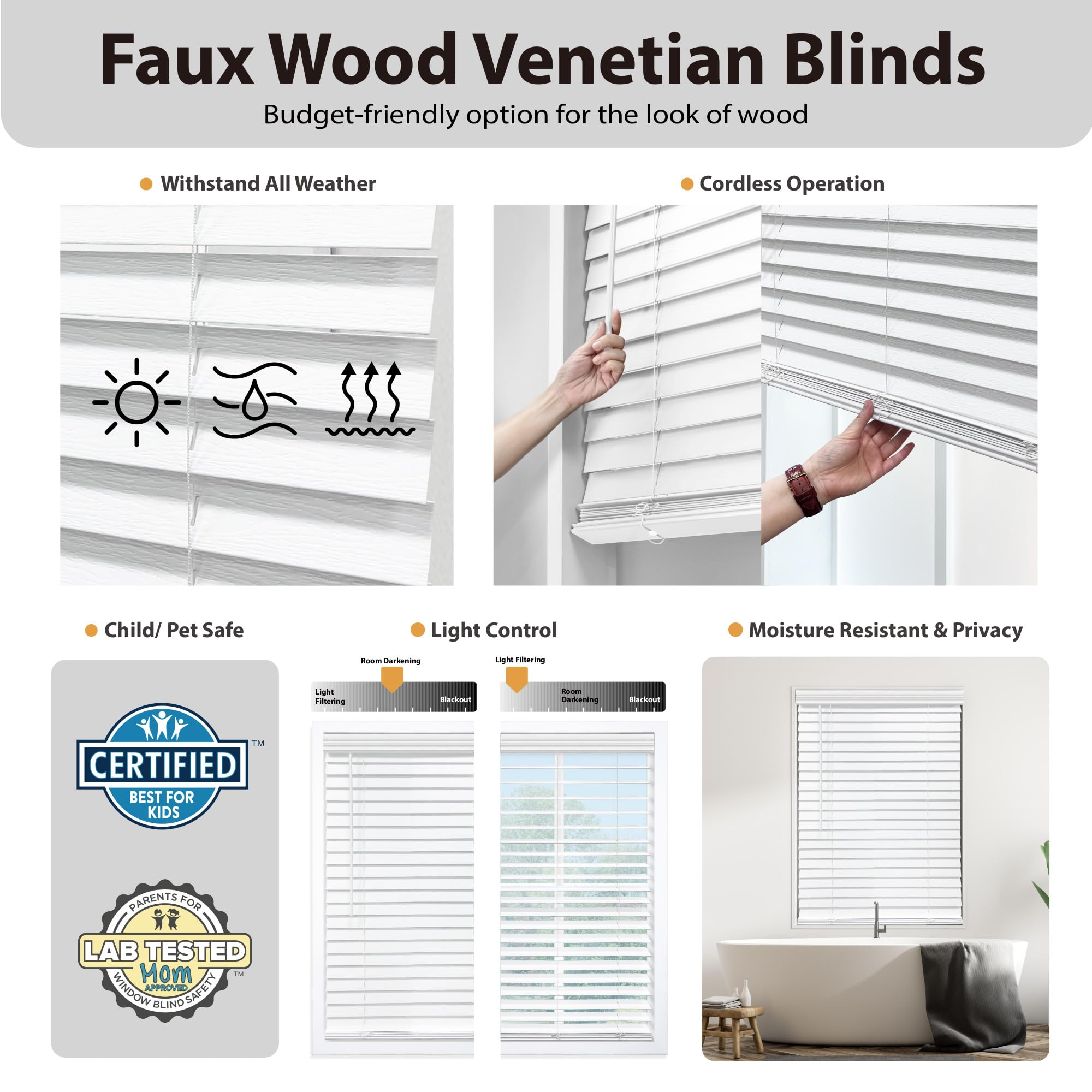 DEZ FURNISHINGS Cordless 2" Faux Wood Blind, 34" W x 48" H, Dark Oak