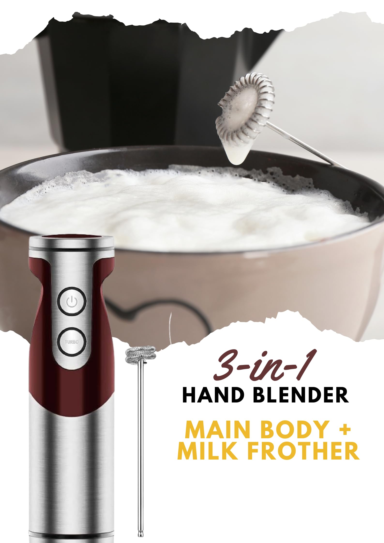 Megawise 3-in-1 Hand Blender β 12-Speed, Includes Powerful Blender Stick, Whisk, and Milk Frother β Easy to Clean and Perfect for Smoothies, and More (Red)