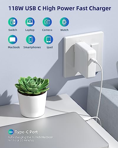 Mac Book Pro Charger - 118W USB C Fast Charger Power Adapter Compatible with USB C Port MacBook Pro, MacBook Air, New iPad Pro and All USB C Device, 7.2ft USB-C to C Charge Cable, White