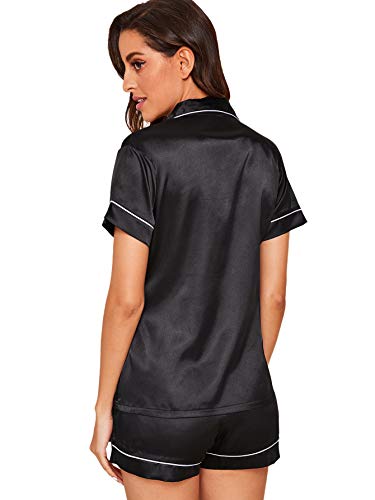 SweatyRocks Women's Short Sleeve Sleepwear Button Down Satin 2 Piece Pajama Set Black Large