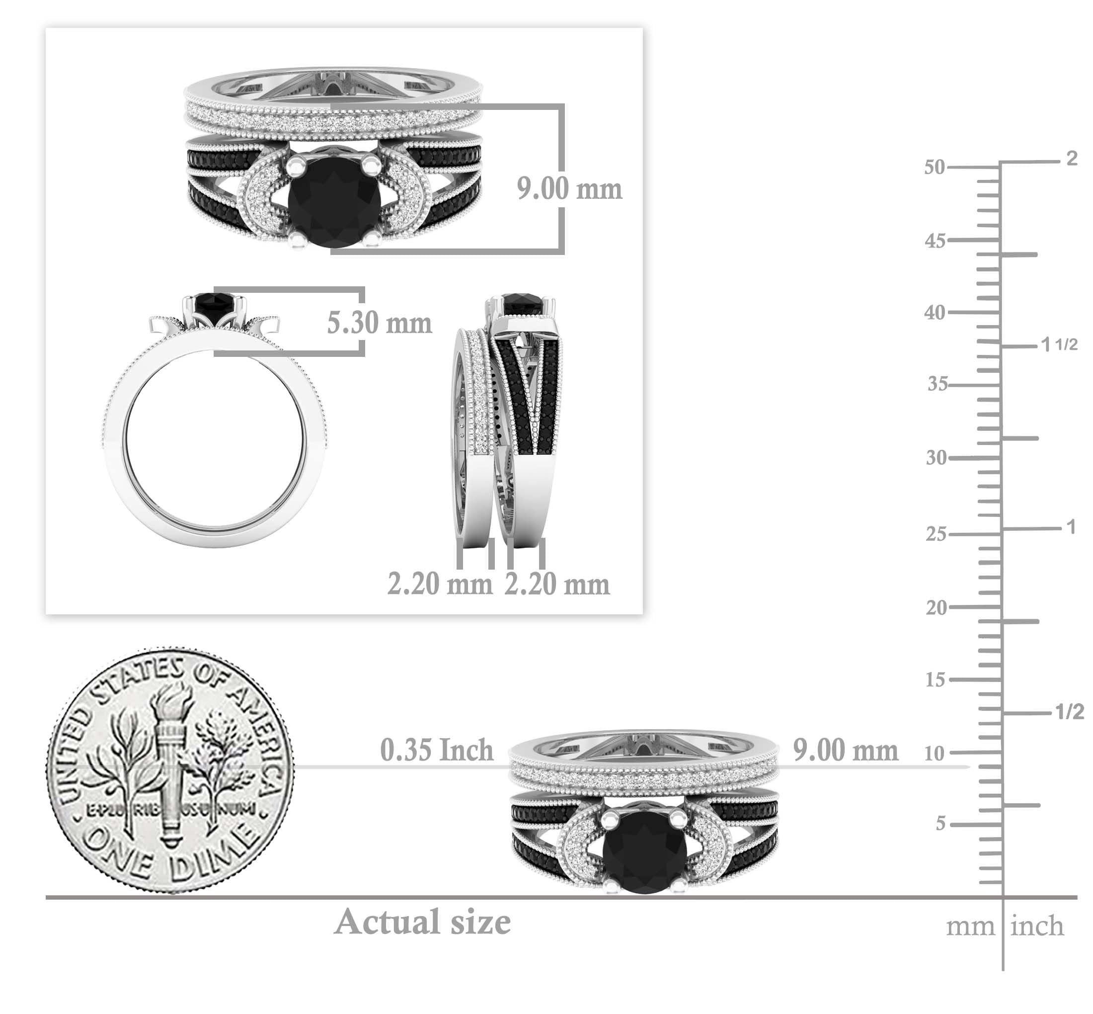 Dazzlingrock Collection 6mm Round Black Diamond & White Diamond Solitaire Style Collar Split Shank Wedding Ring Set for Her in 925 Sterling Silver Size 6