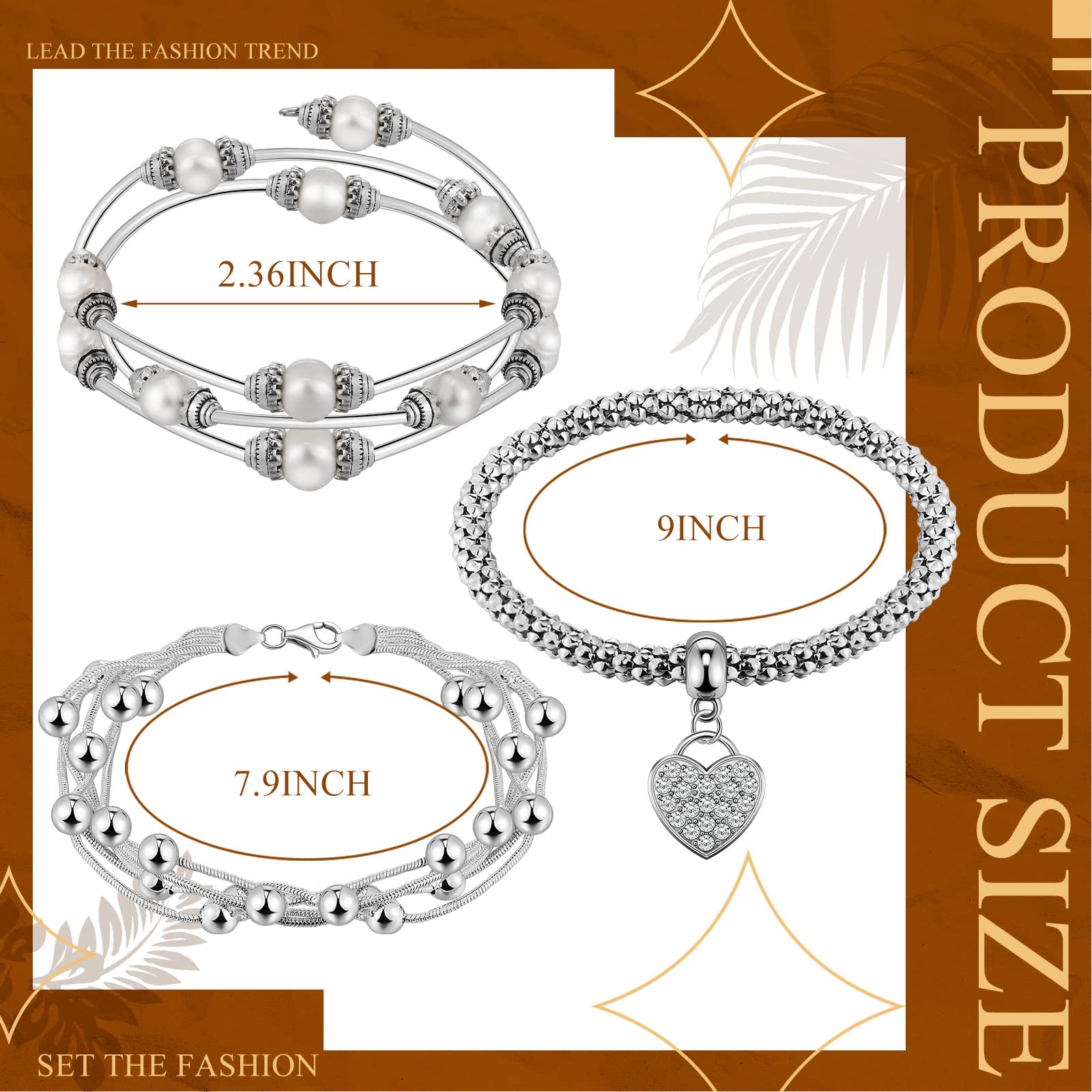 Ecally 3 Pcs Silver Jewelry Set Silver Link Bracelets Stretch Bangle Row Stretch Stackable Boho Chain Bracelet for Women Girl