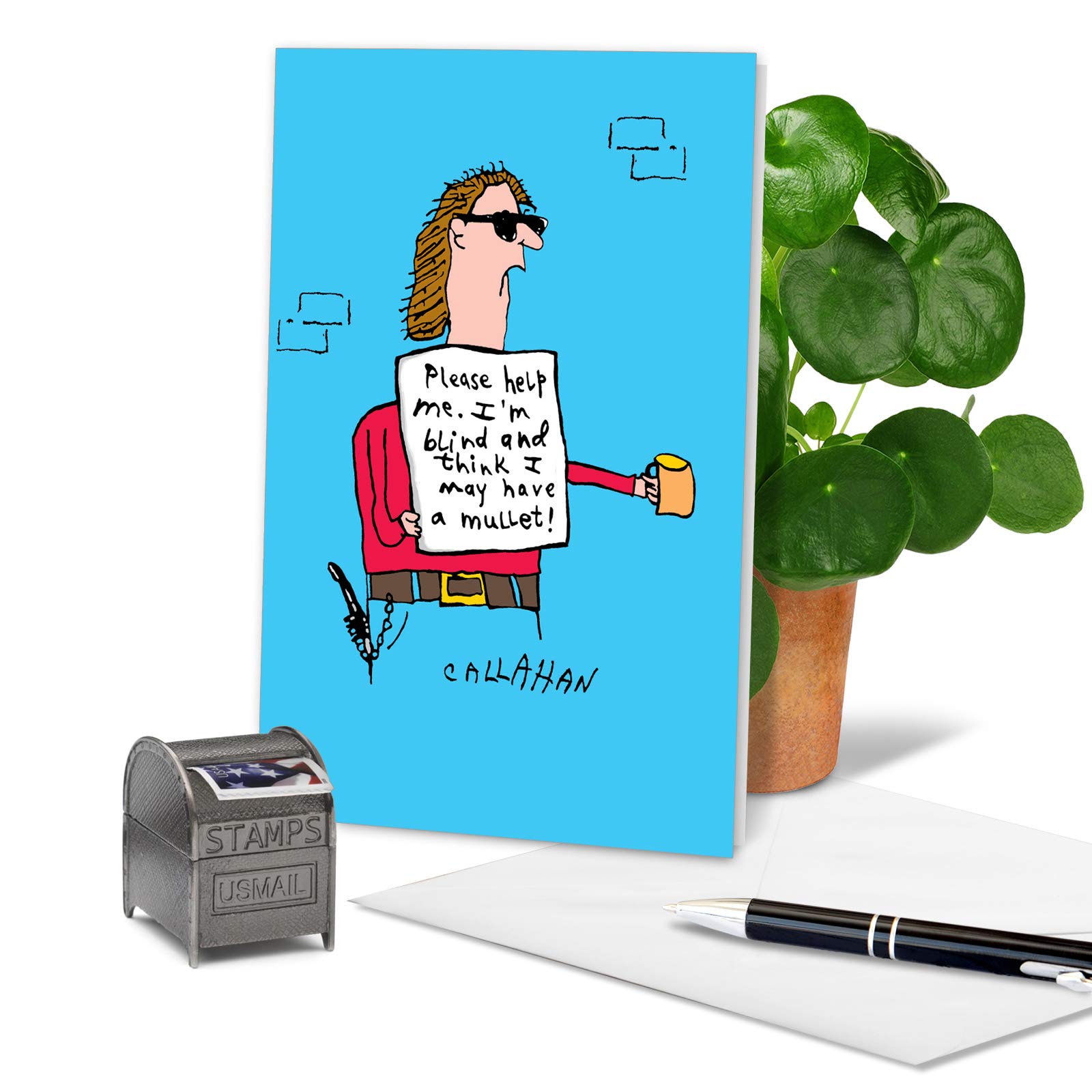 NobleWorks - 1 Hilarious Birthday Card with Envelope - Funny Card with Cartoons, Humor Comic Notecard - Blind Mullet C6150BDG