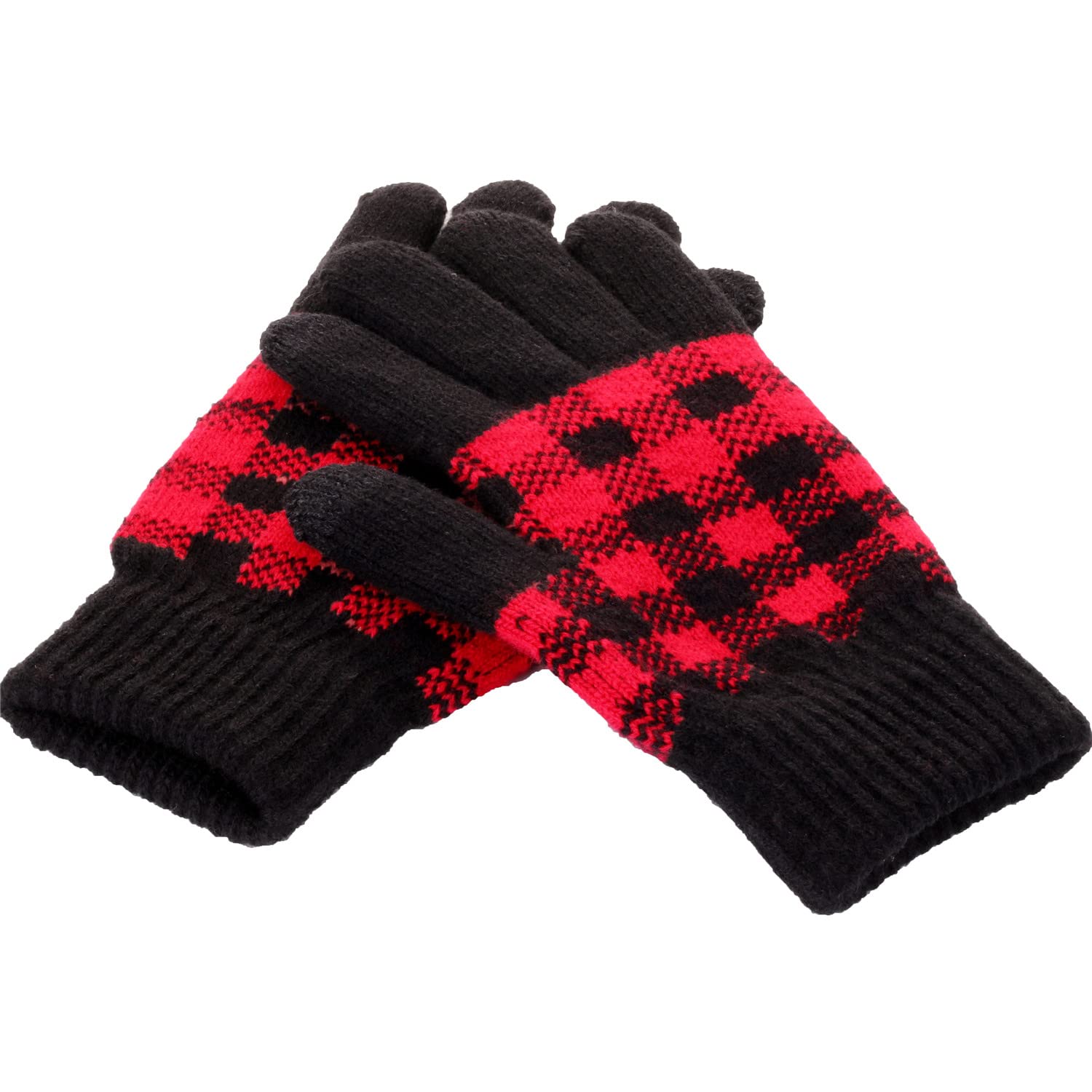 CRUOXIBB Winter Soft Stretch Buffalo Plaid Cuff Beanie Hat Thick Chunky Warm Knit Skull Ski Cap (Black/red+Glove+Scarf)