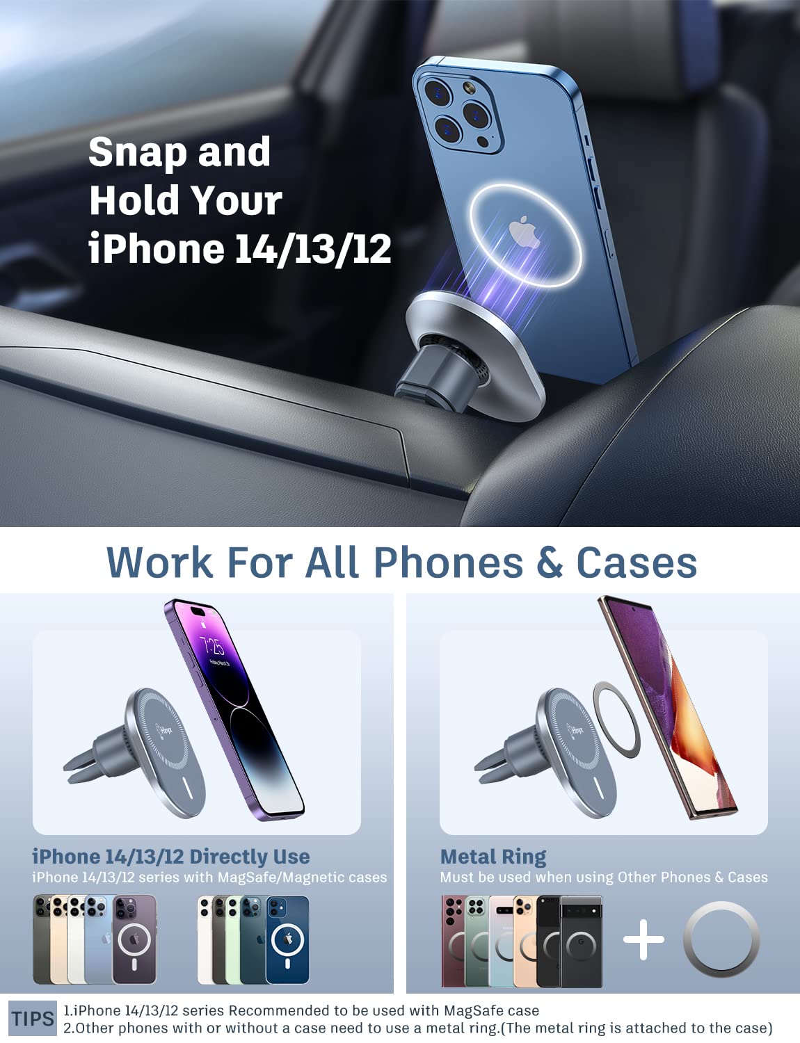 Hinyx MagSafe Car Mount-Strongest Magnet Power, Magnetic Phone Holder for Car Easily Install Air Vent Phone Mount for iPhone 15/14/13/12 Pro Max Mini Plus MagSafe Case & All Phones, with Metal Ring