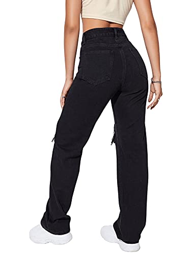 SweatyRocks Women's Casual Loose Ripped Denim Pants Distressed Wide Leg Jeans Black XL