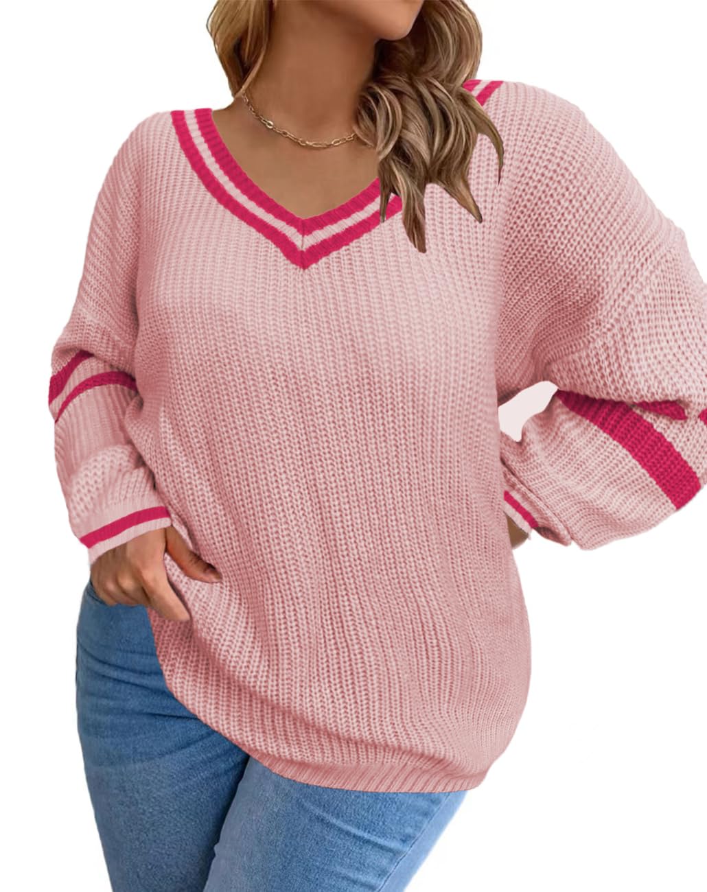 Color Block Sweaters for Women Plus Size XL-5XL Loose Fall Pullover Tops Pink 4X
