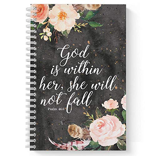 Softcover She Will Not Fall 5.5" x 8.5" Religious Spiral Notebook/Journal, 120 College Ruled Pages, Durable Gloss Laminated Cover, White Wire-o Spiral. Made in the USA