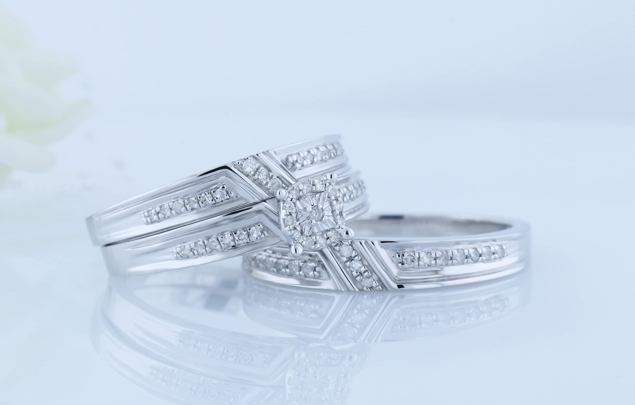 Dazzlingrock Collection 0.35 Carat (ctw) Round White Diamond Illusion Framed Wedding Trio Ring Set in 925 Sterling Silver, Women size 8.5 & Men size 8.5