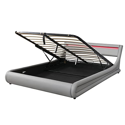 MACHOME Queen Size Faux Leather Upholstered Platform Bed with Hydraulic Storage System, with LED Light Upholstered Headboard, Bedframe w/Wood Slat Support, for Bedroom, Kids Room, Guest Room, Gray