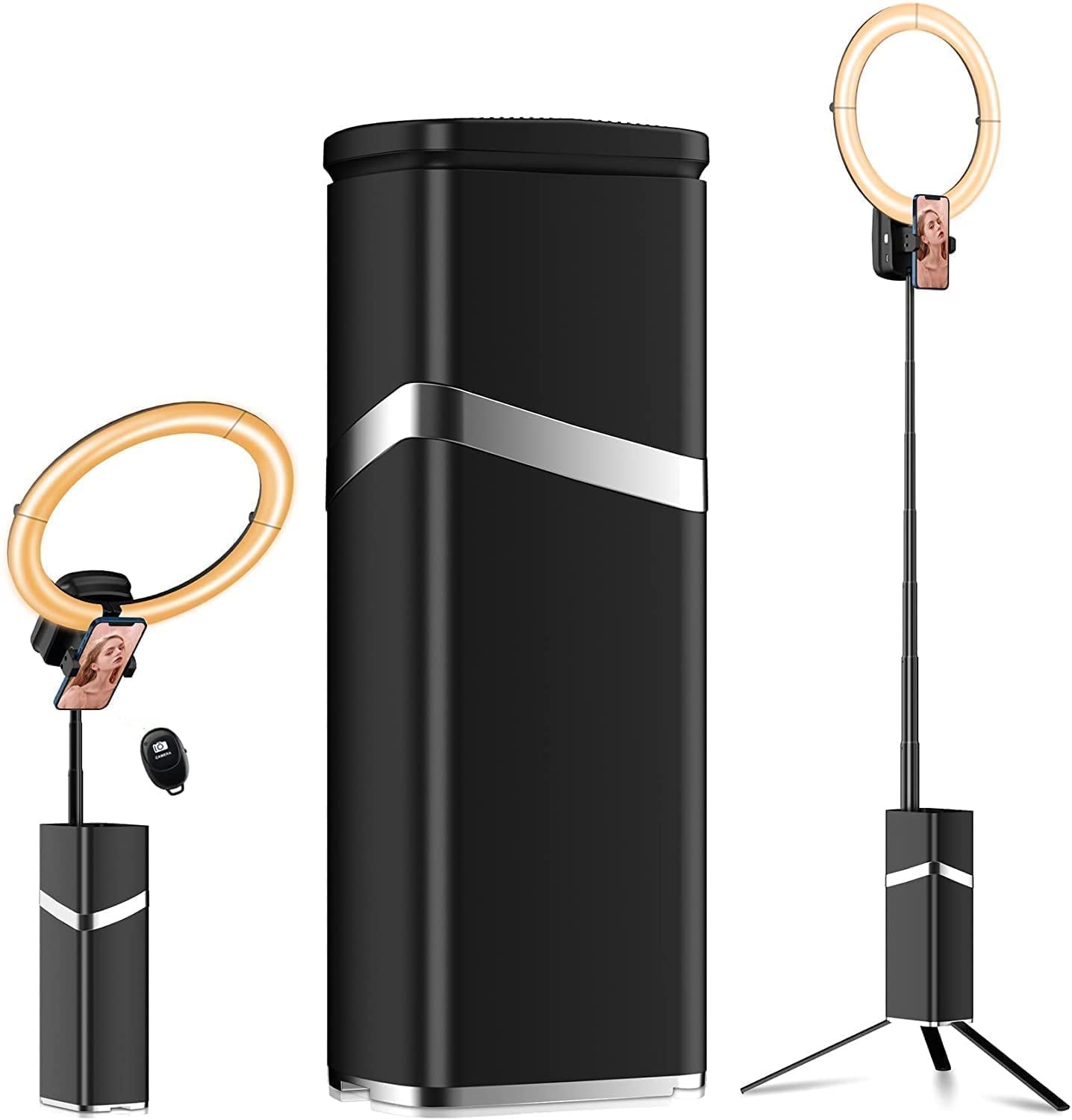 Eocean 10'' Ring Light with Rechargeable All-in-One Foldable Makeup Light, Portable Selfie Ring Light with 76'' Extendable Tripod Stand for Live Streaming, Makeup, TikTok, YouTube, Video, Black