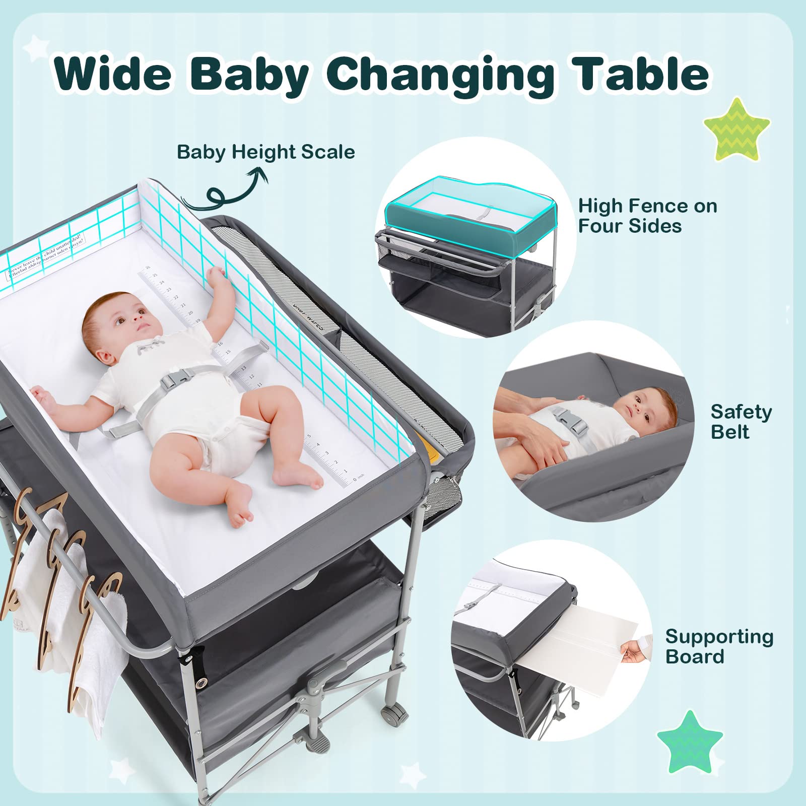 HONEY JOY Portable Baby Changing Table, 3-Tier Foldable Changing Station w/Wheels for Infant, Waterproof Diaper Changing Pad, 4 Adjustable Heights, Side Storage Basket for Newborn Essentials (Gray)