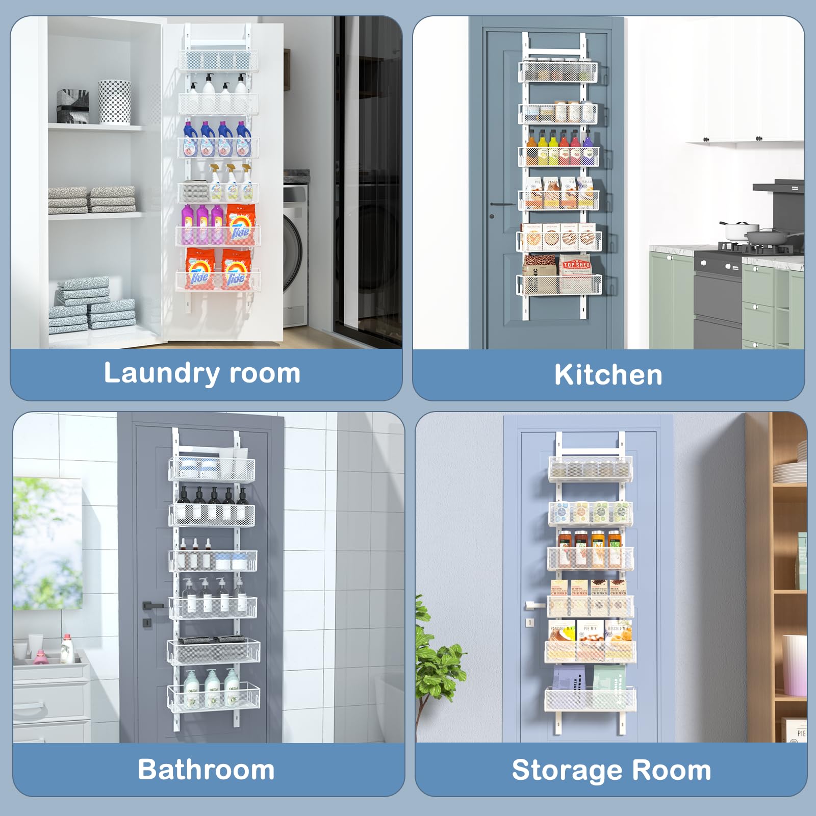 Emmalee Over the Door Pantry Organizer, 6-Tier Hanging Spice Rack with Adjustable Hooks Detachable Frame, Space Saving Door Organizer for Kitchen, Storage Room, Bathroom, Bedroom (6 Tier, White)