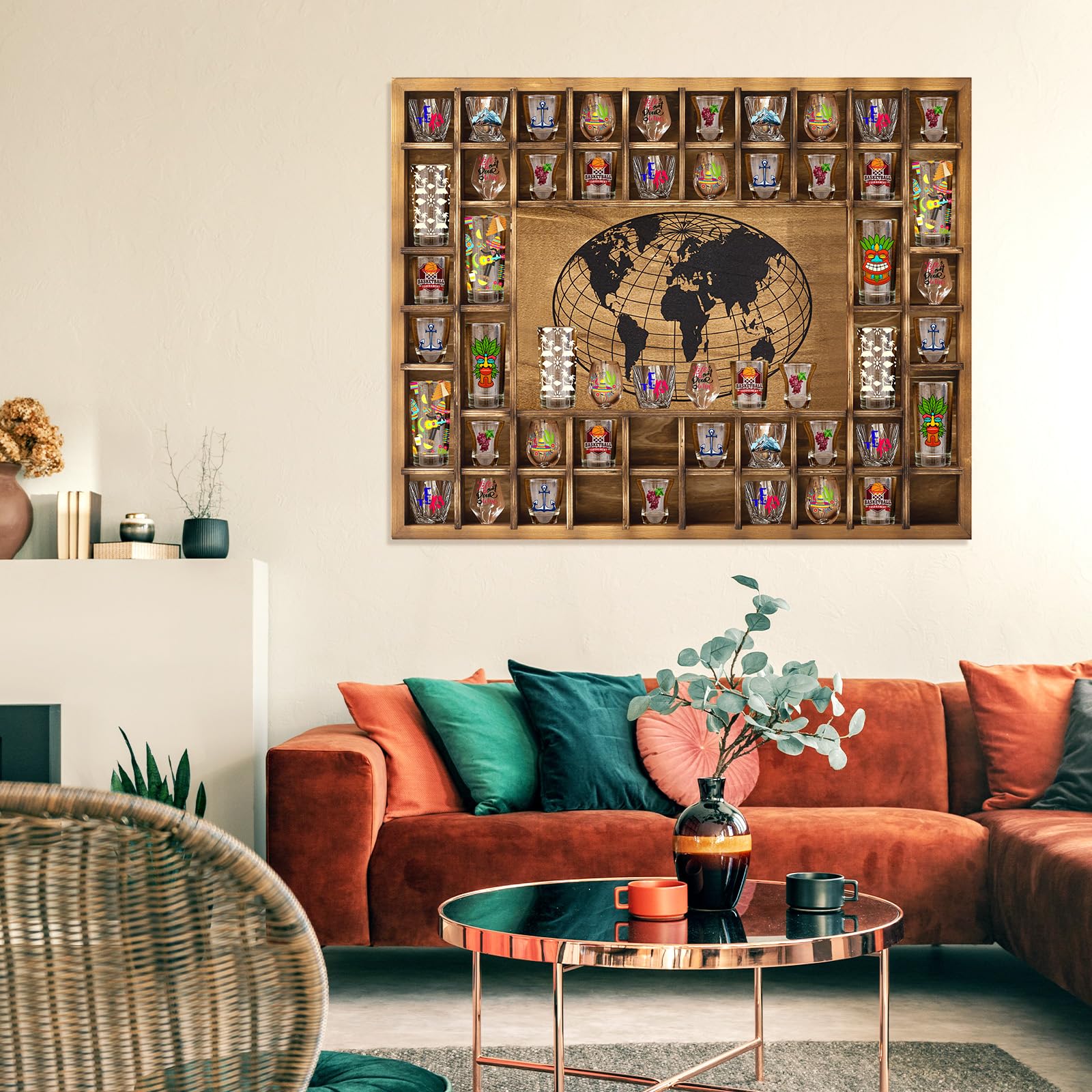 GlikCeil Large World Map 48 Slots Shot Glass Display Case 28 x 23'' Rustic Wood Shot Glass Holder for Different Size Shot Glass Shelf Organizer Wall Mount Shot Glass Storage Shadow Bar Cabinet (Brown)