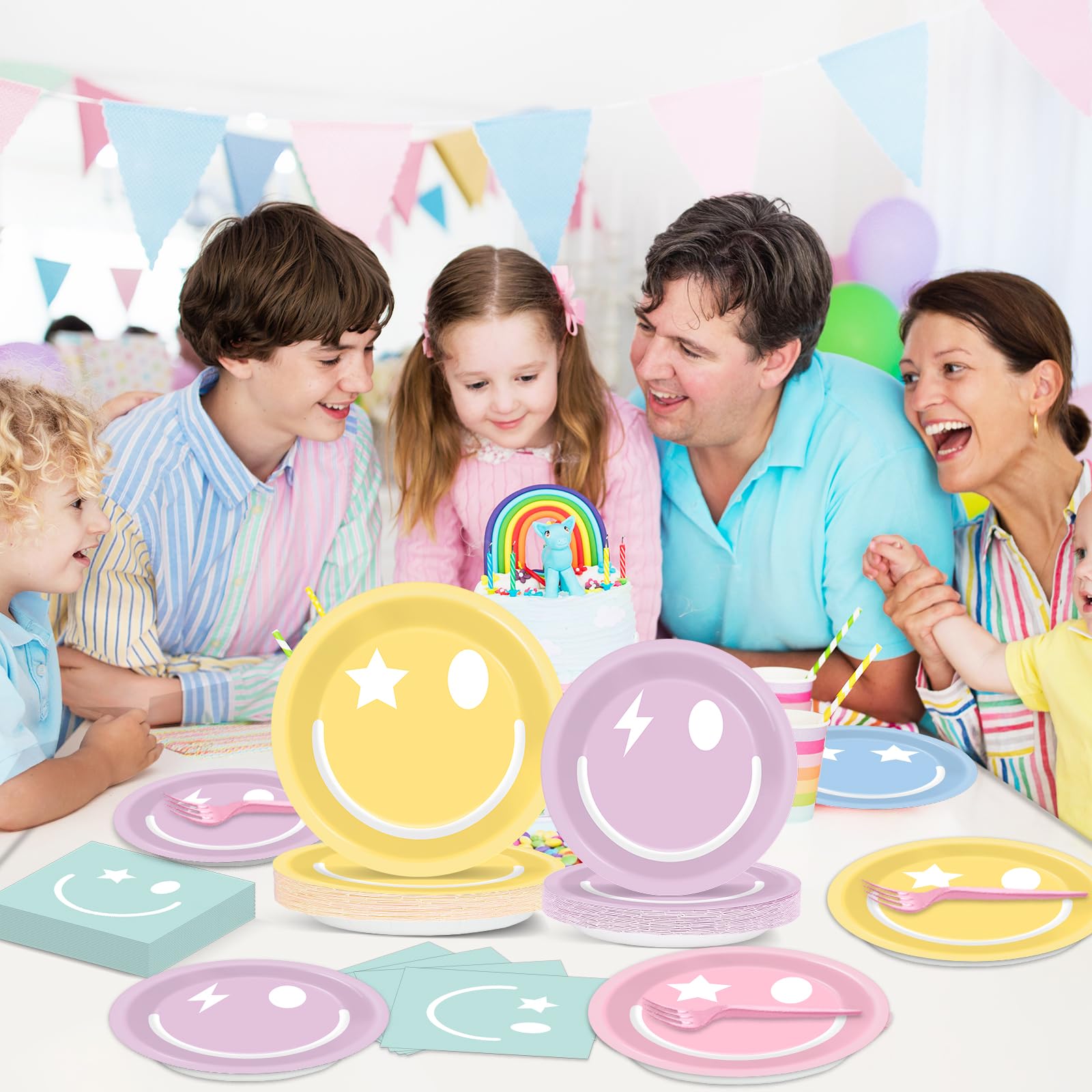 Justforjoyful 96Pcs Pastel Smile Face Party Decorations Paper Plates Napkin Preppy Smile Face Party Tableware Set Smile Face Dinnerware Supplies for Birthday Bachelorette Baby Shower Decor Serve 24