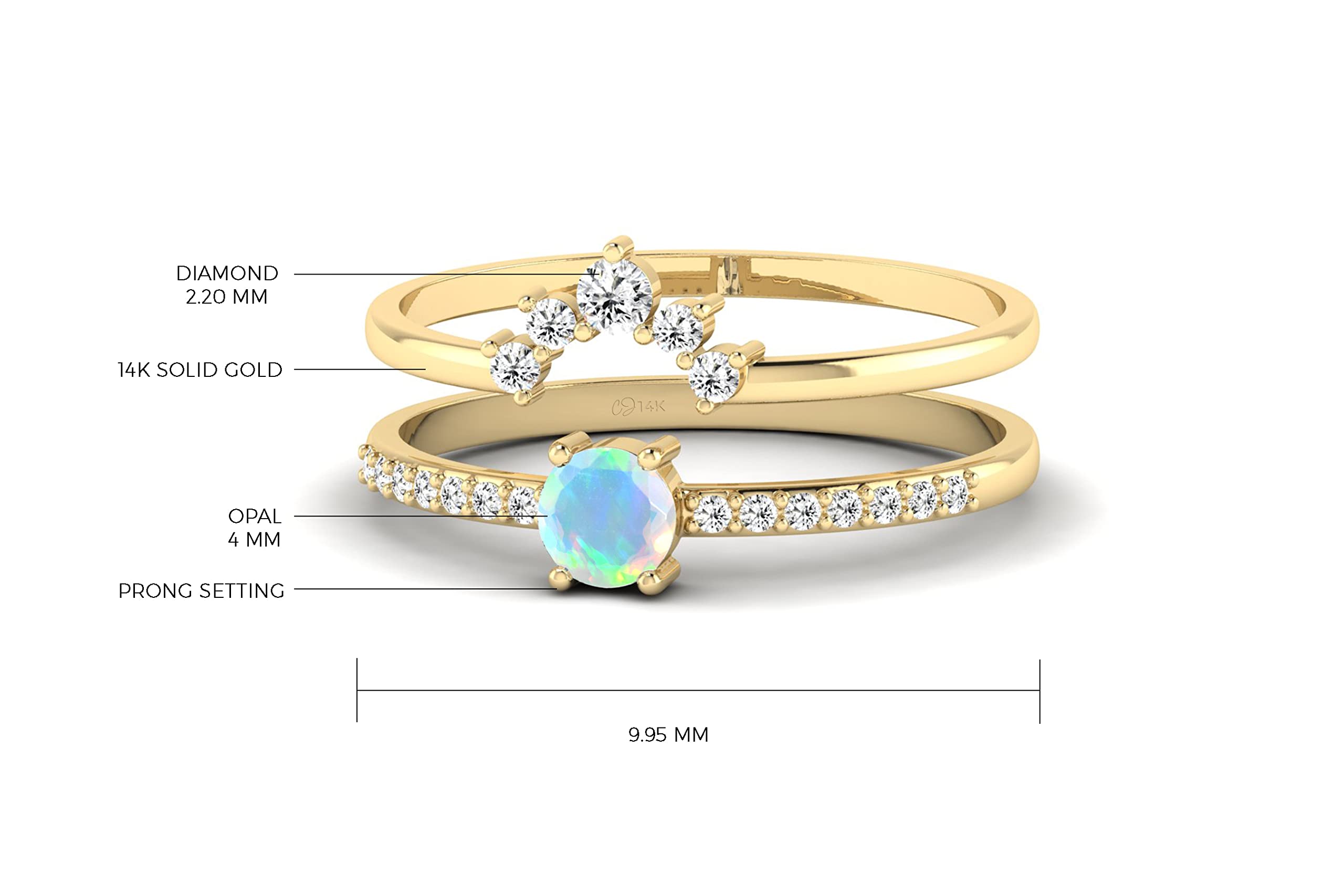 Engagement Wedding Ring Set, Solitaire Opal Ring with Side Stone, Diamond Curved Stacking Ring Yellow Gold