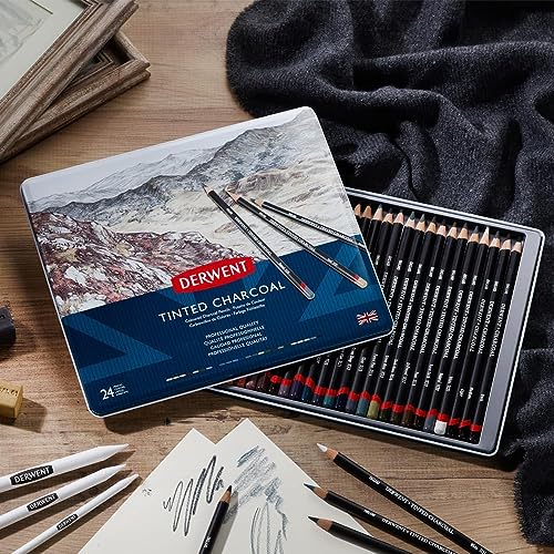 Derwent Tinted Charcoal Pencils, 4mm Core, Metal Tin, 24 Count (2301691)
