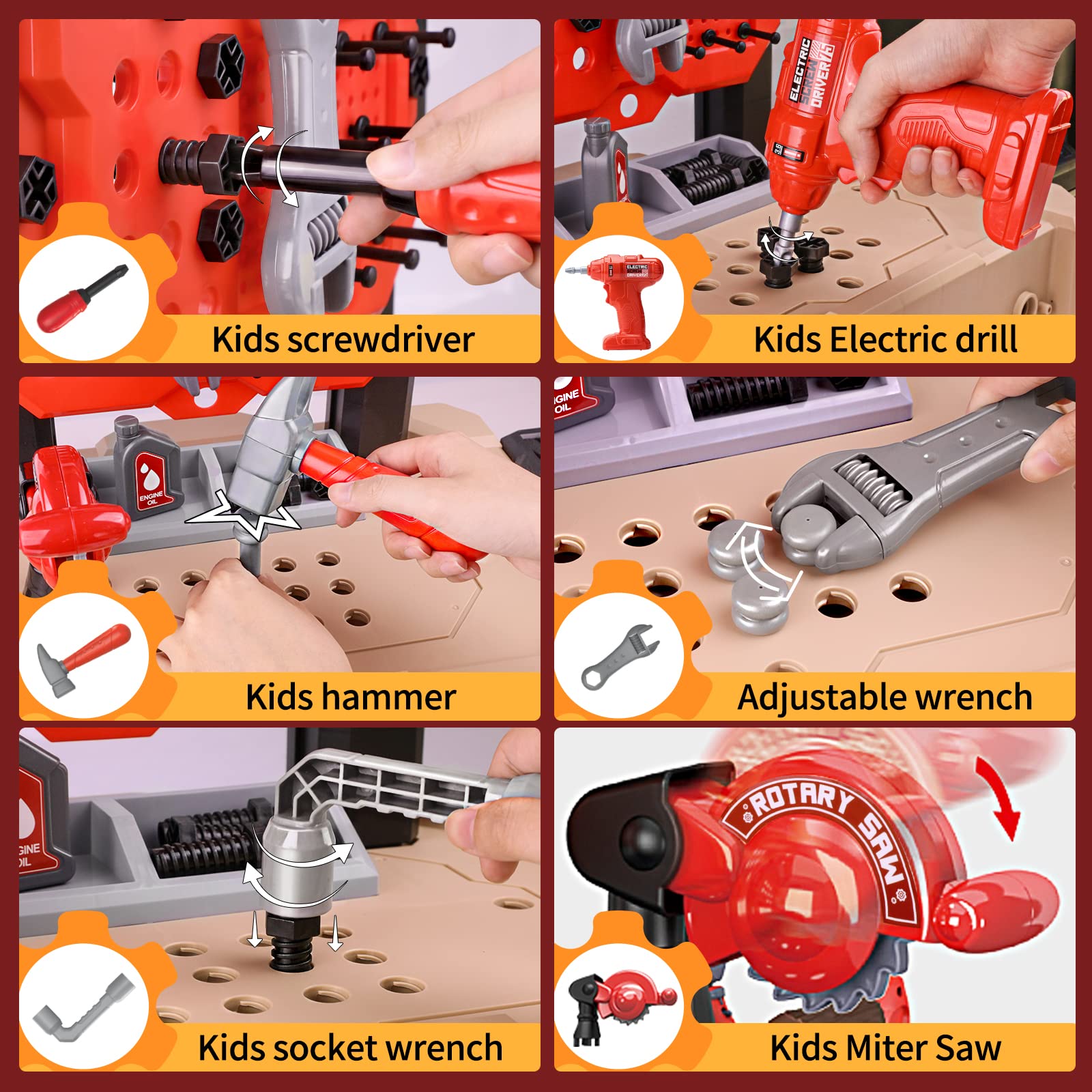Deejoy Kids Tool Bench with Realistic Tools and Electric Drill, 79 Pcs Transformable Kids Tool Set with Clothes, Toddler Tool Bench Pretend Play Learning Gift for Boys & Girls Age 3-5 (Yellow)