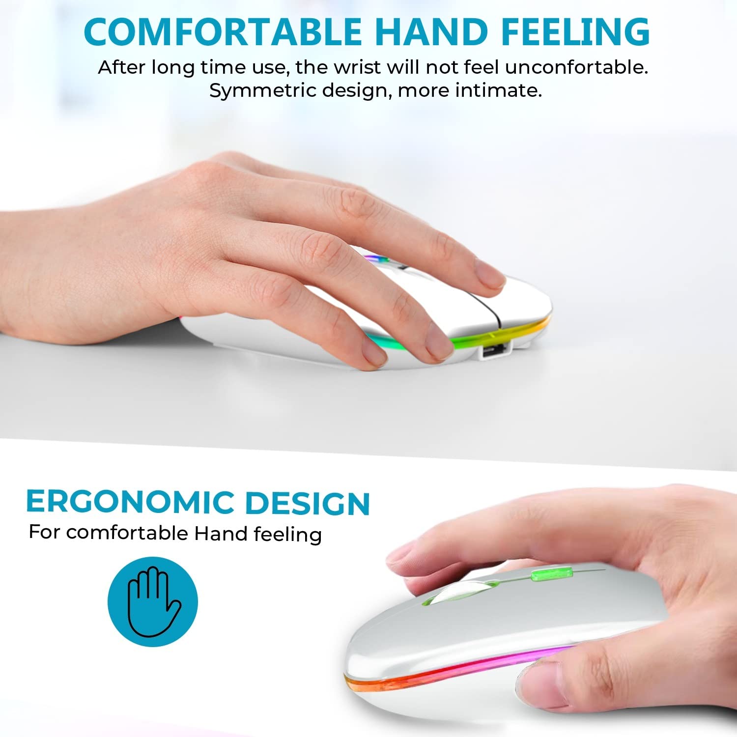 GLOBAL TECH LED Wireless Mouse, Slim Rechargeable Wireless Silent Mouse, 2.4G Portable USB Optical Wireless Cordless Mice with USB Receiver for Laptop, PC, Computer, Mac (White)