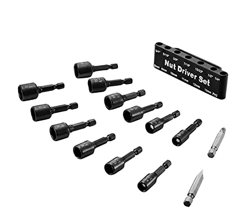 MacWork 14PC Power Magnetic Nut Driver Drill Bit Set Socket Bit Adapter metric&SAE Socket for Wrench Screw 1/4" Driver Hex