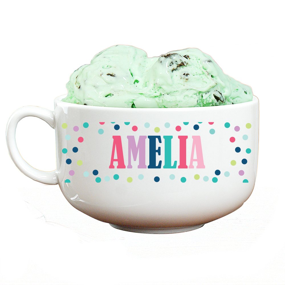 GiftsForYouNow Ceramic Custom 32 Ounce Colorful Dots Ice Cream Bowl for Kids with Personalized Name