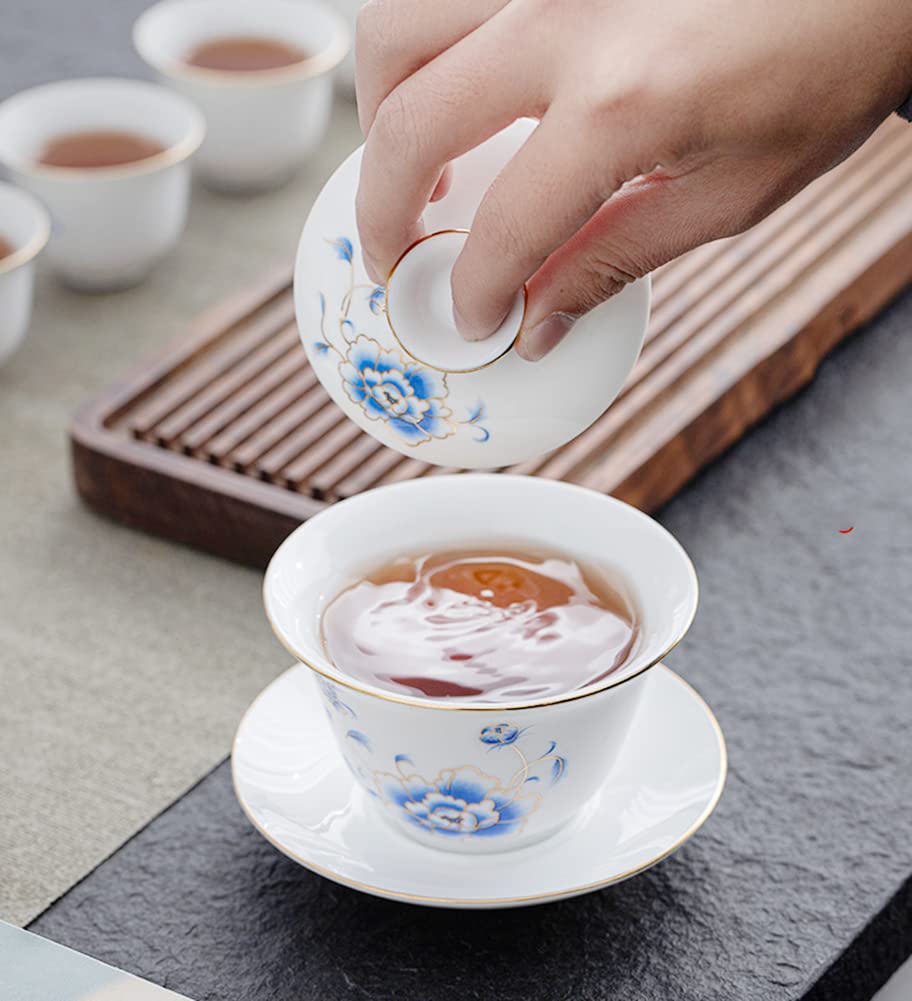 Emoyi White Gaiwan Teacup 4oz Lotus Chinese Kung Fu Sancai Tray Cup Tea Set Bowl Saucer with Lid