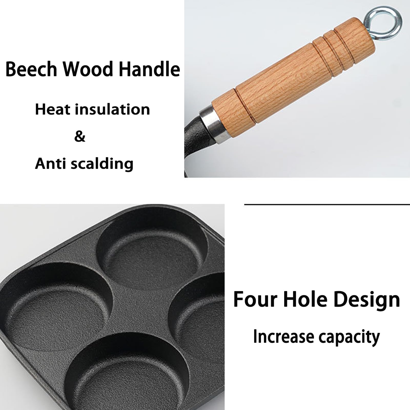JUSTUP Nonstick Frying Pan,4-Cup Cast Iron Egg Pan Divided Grill Pan with Wooden Handle,Breakfast Skillet Omelet Pan for Egg,Steak and Burgers (Black)